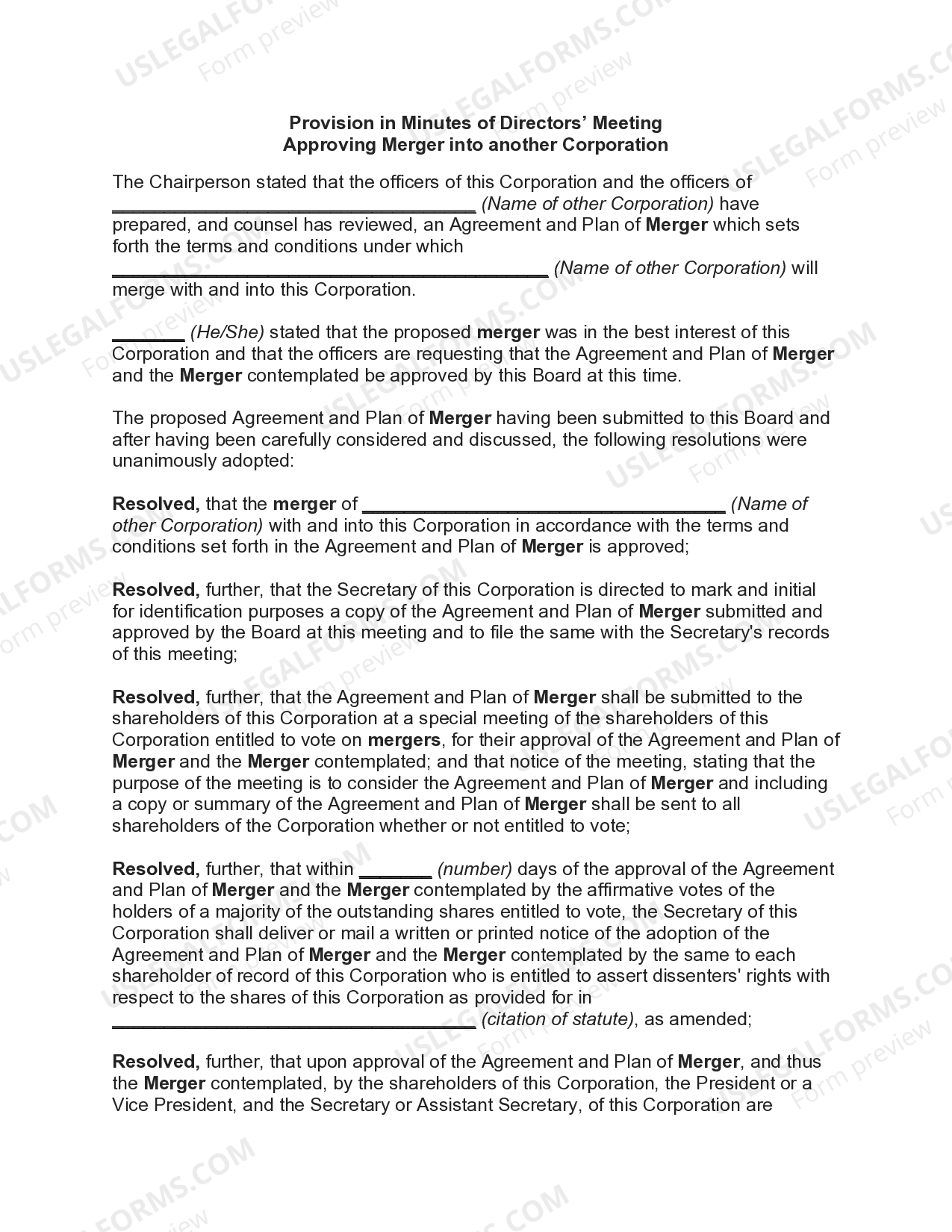 Provision in Minutes of Directors' Meeting Approving Merger into ...