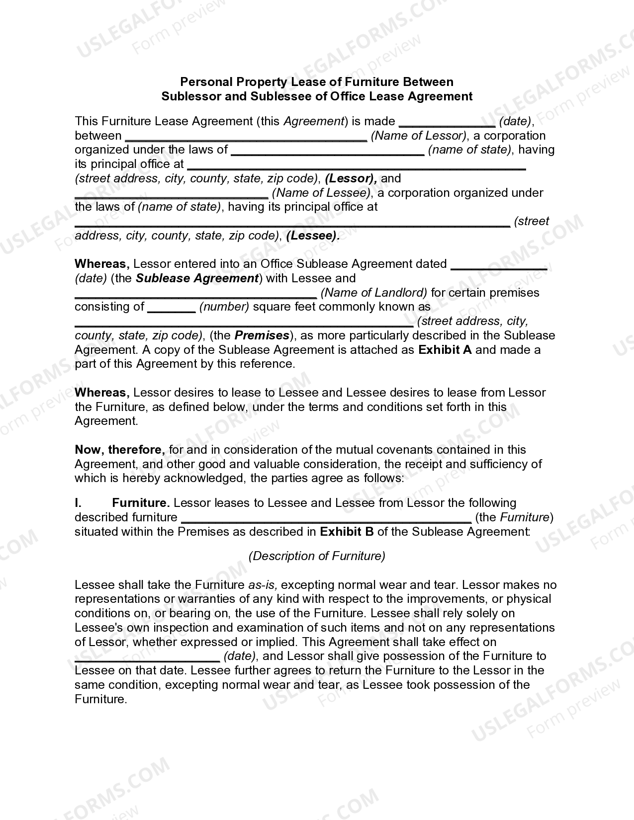 Personal Property Lease of Furniture Between Sublessor and Sublessee of ...