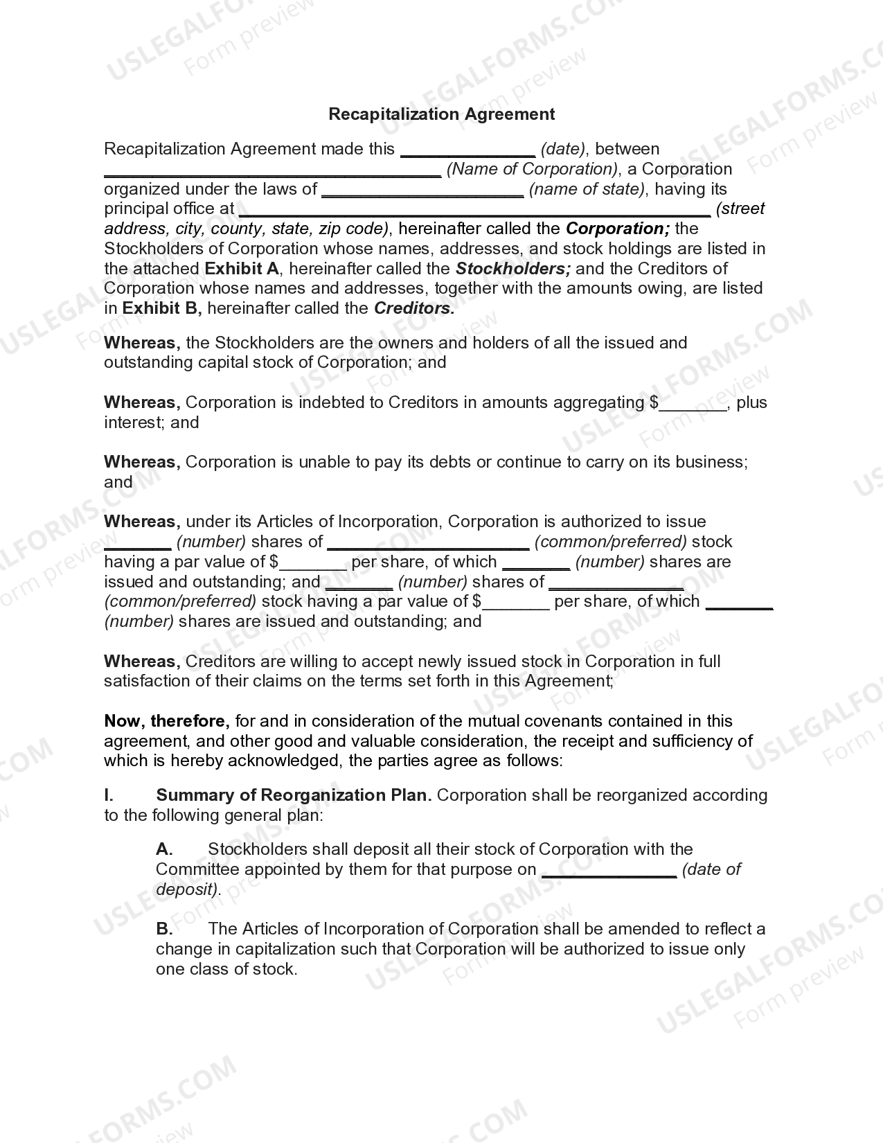 Recapitalization Agreement | US Legal Forms