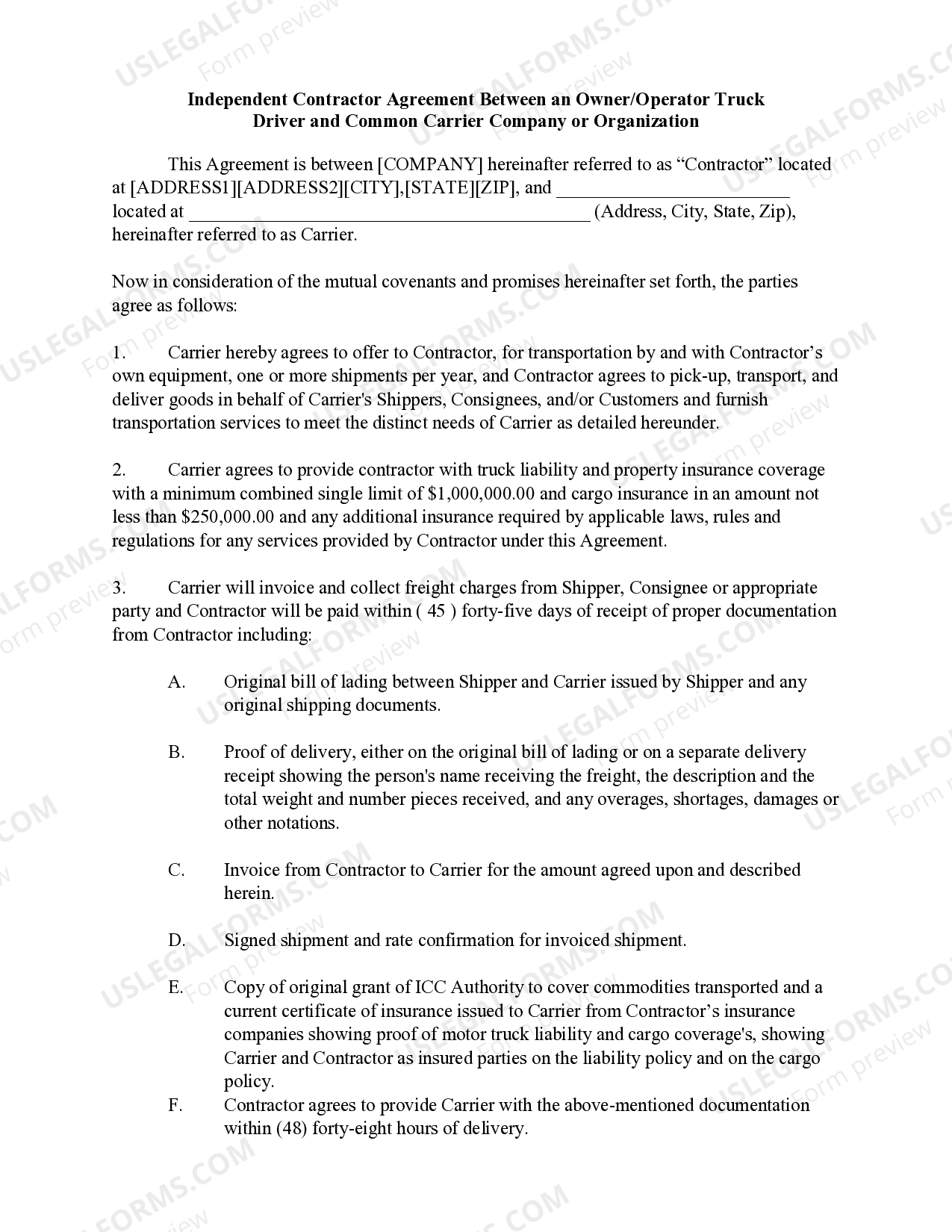 Self - Common Carrier | US Legal Forms