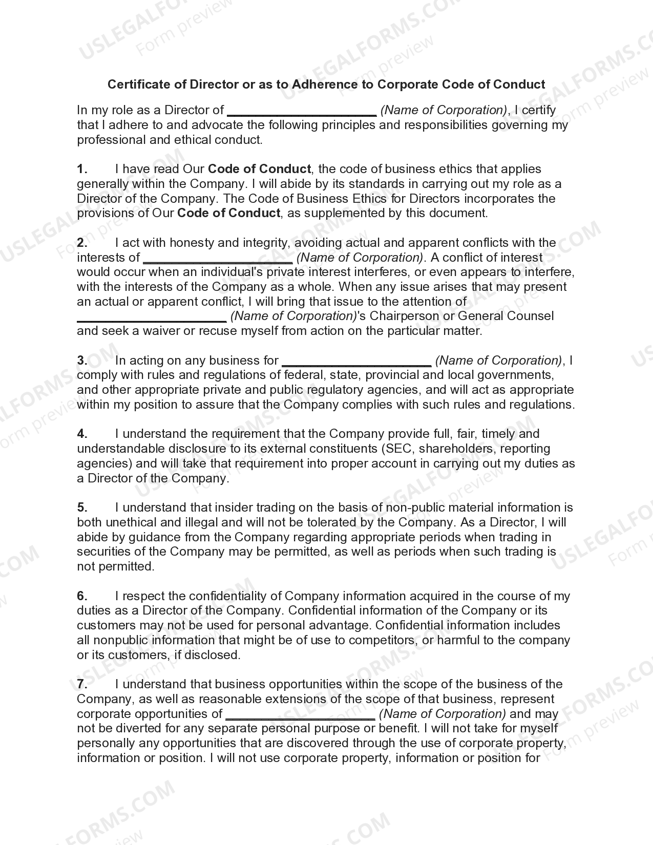 Certificate of Director or as to Adherence to Corporate Code of Conduct ...