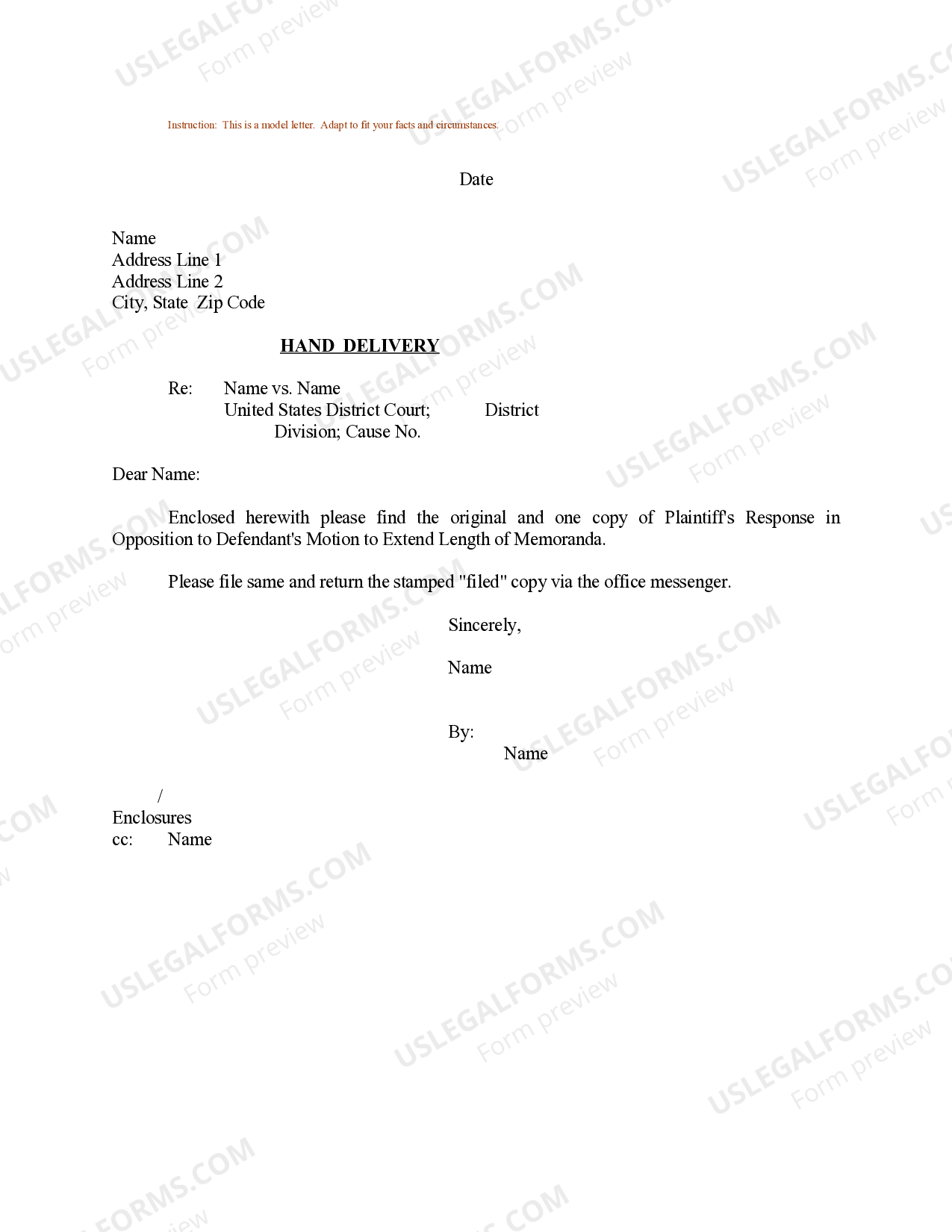 Sample Letter for Plaintiff's Response in Opposition to Defendant's ...