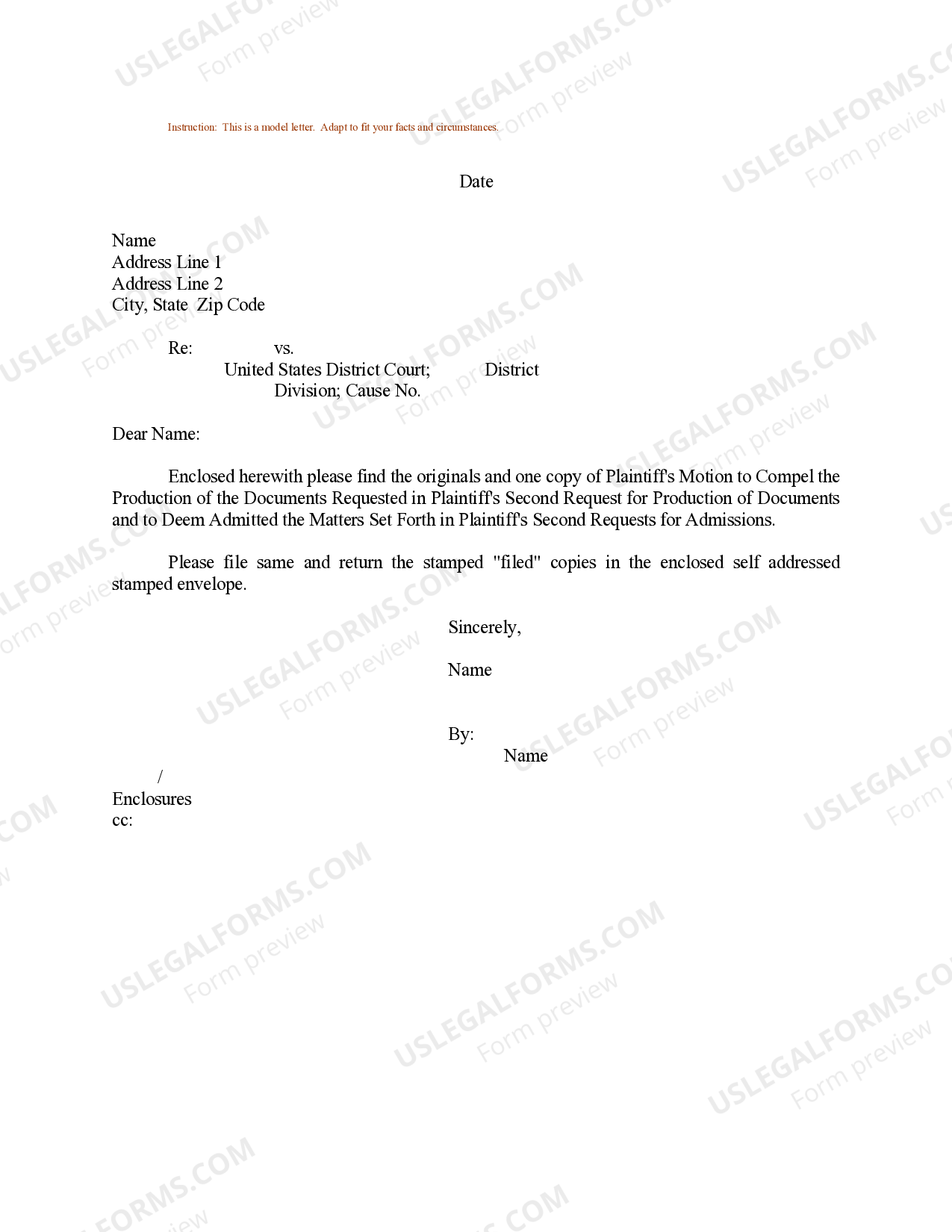 Sample Letter for Plaintiff's Motion to Compel the Production of the ...