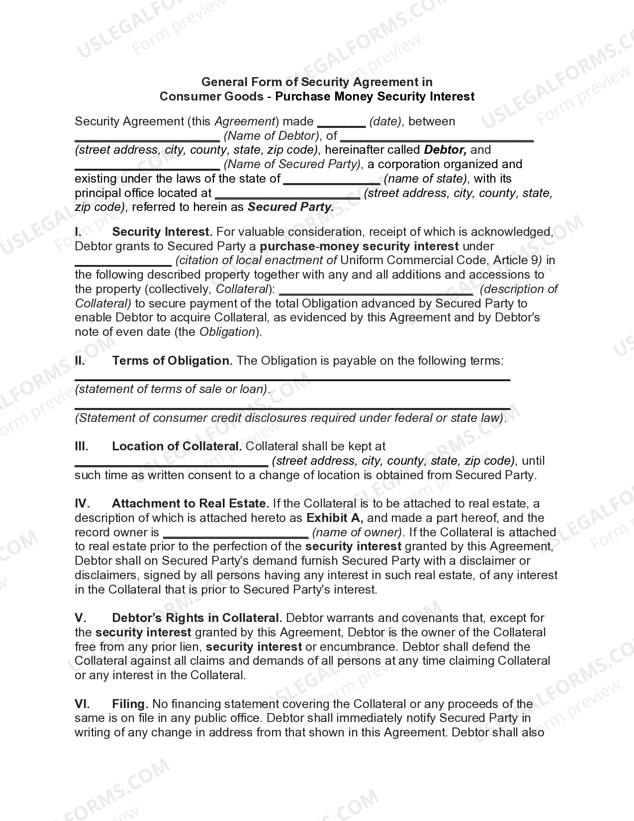 General Form of Security Agreement in Consumer Goods - Purchase Money ...