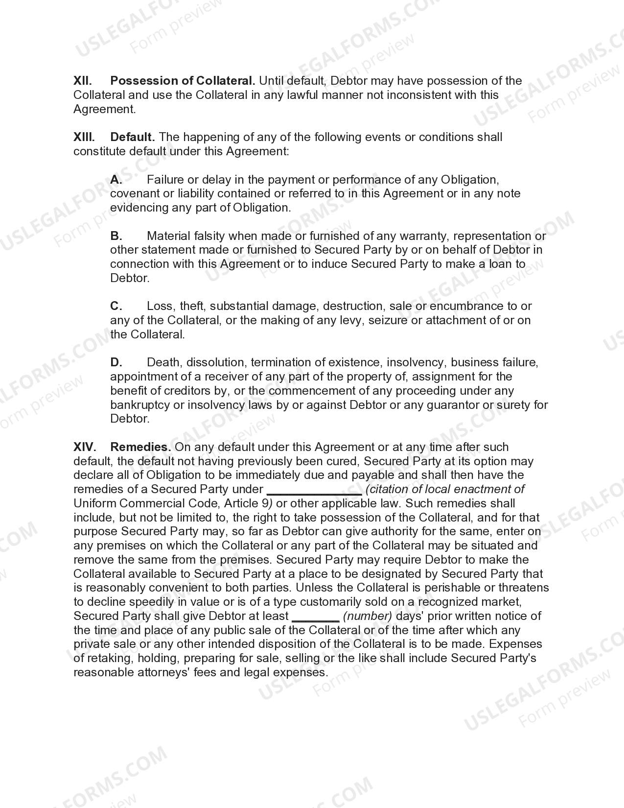 General Form of Security Agreement in Consumer Goods - Purchase Money ...