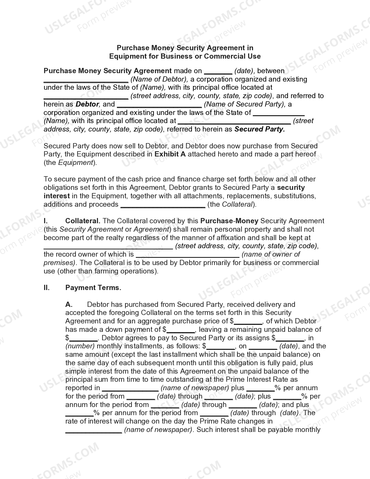 Purchase Money Security Agreement in Equipment for Business or ...