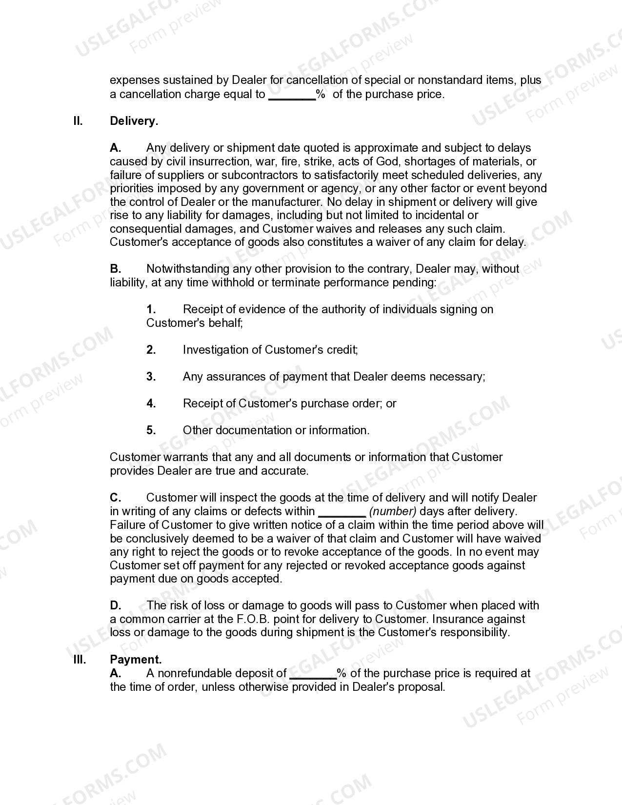 Agreement for Sale of Goods Between Dealer and Customer with Purchase ...