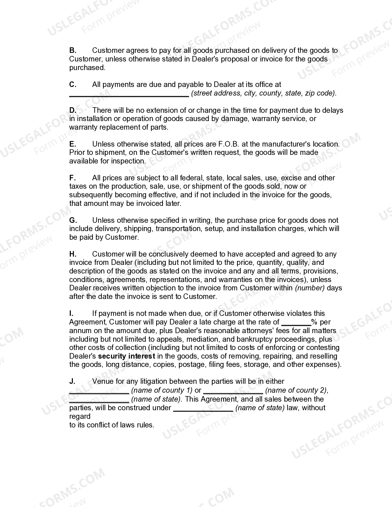 Agreement for Sale of Goods Between Dealer and Customer with Purchase ...