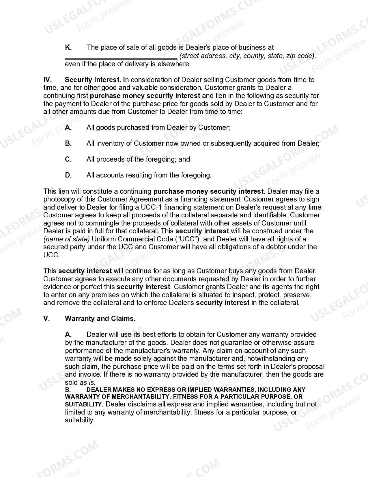 Agreement for Sale of Goods Between Dealer and Customer with Purchase ...