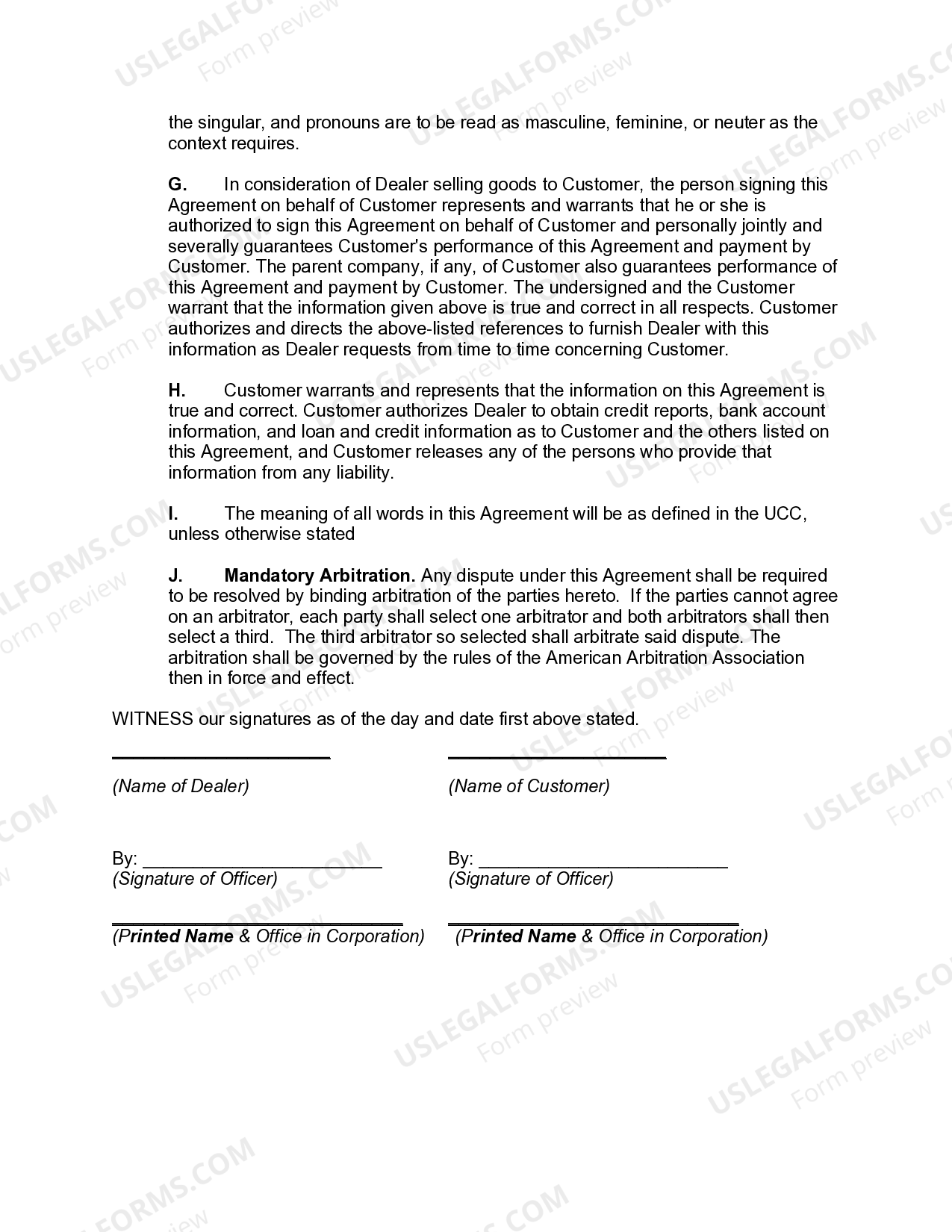 Agreement for Sale of Goods Between Dealer and Customer with Purchase ...