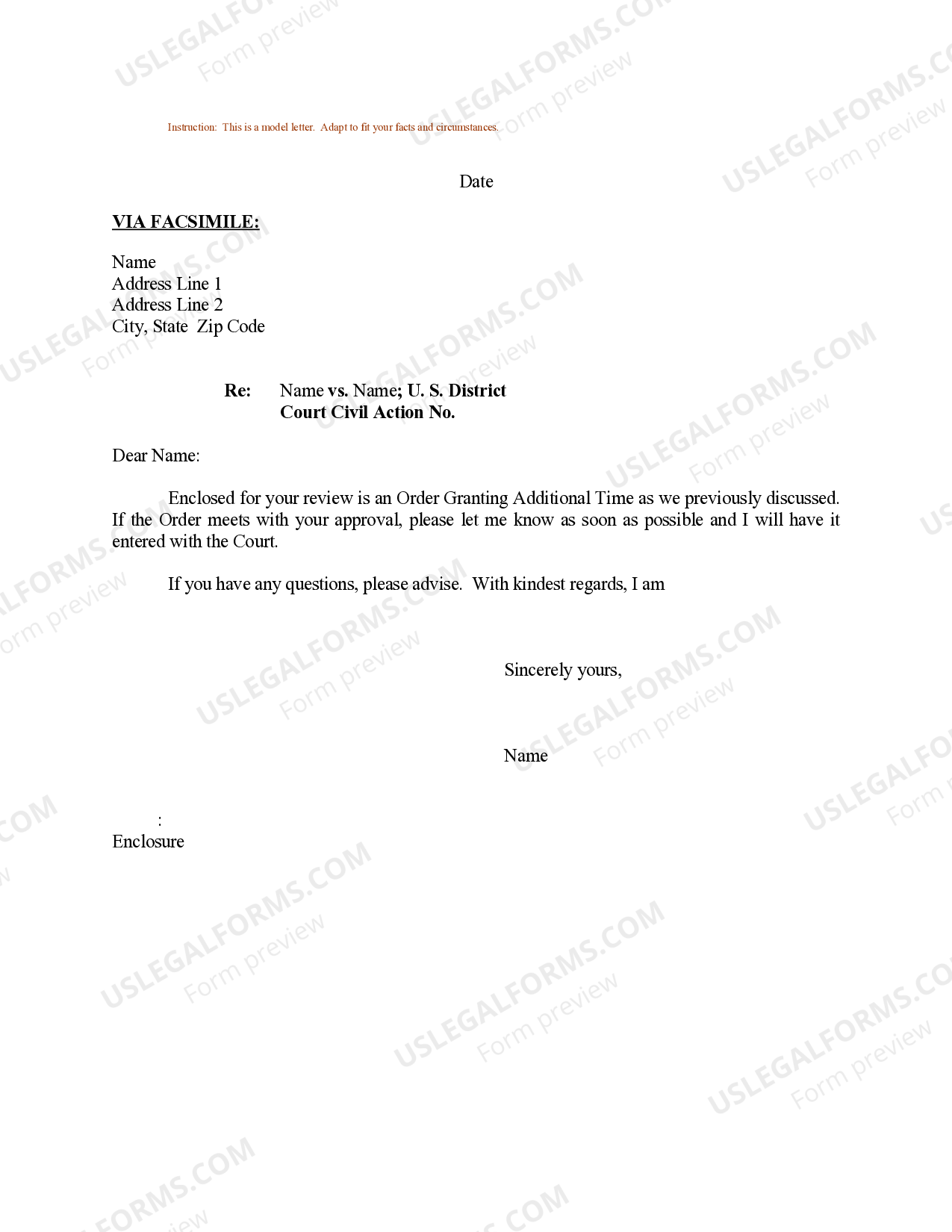 Sample Letter for Order Granting Additional Time - Legal Forms Documents | US Legal Forms