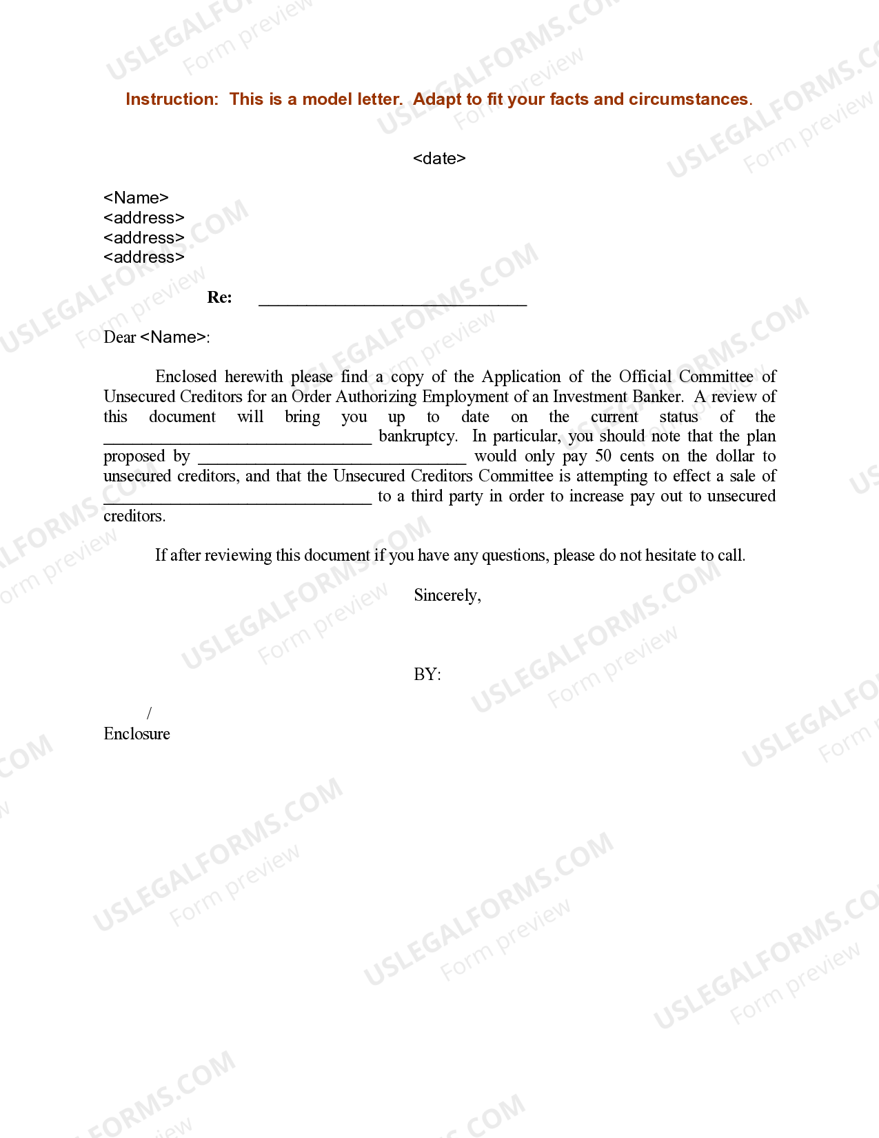 Sample Letter for Application of Unsecured Creditors for an Order ...