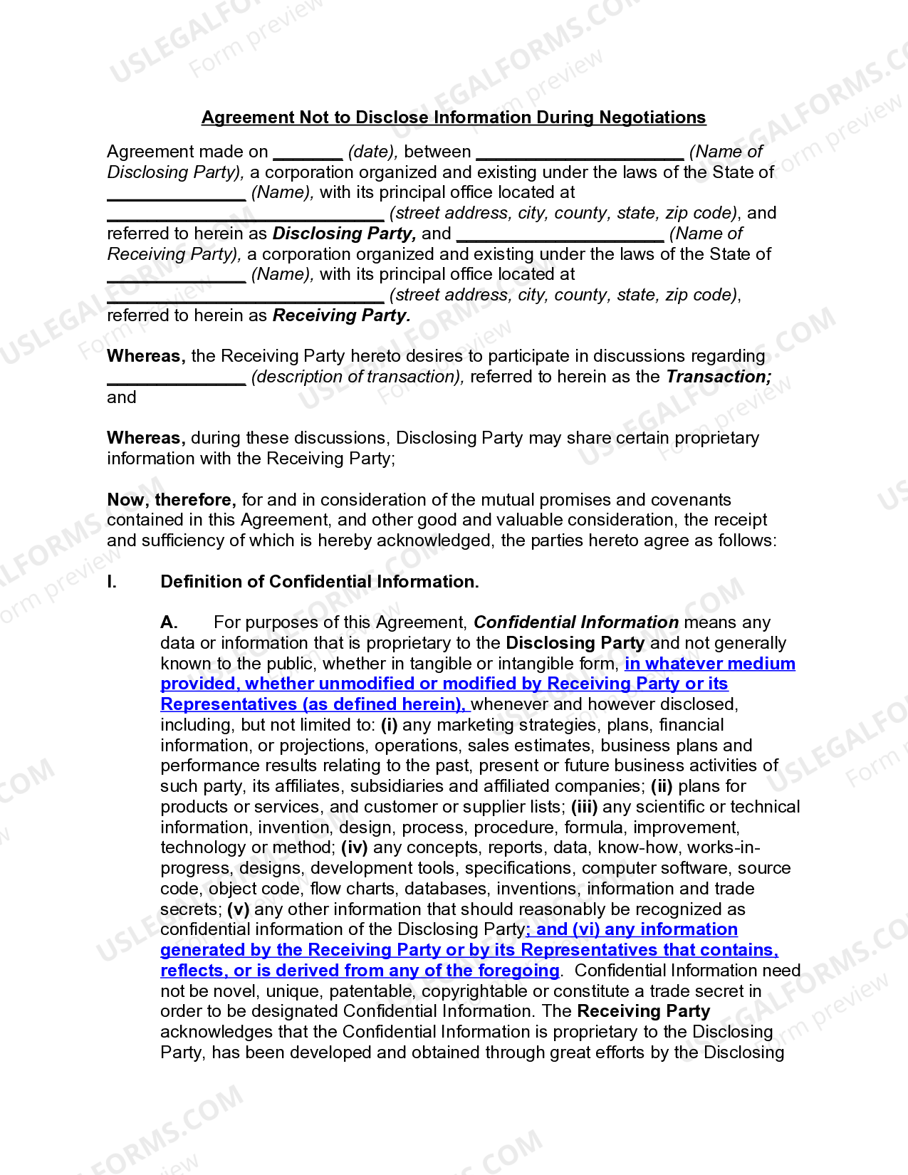 Agreement Not to Disclose Information During Negotiations | US Legal Forms