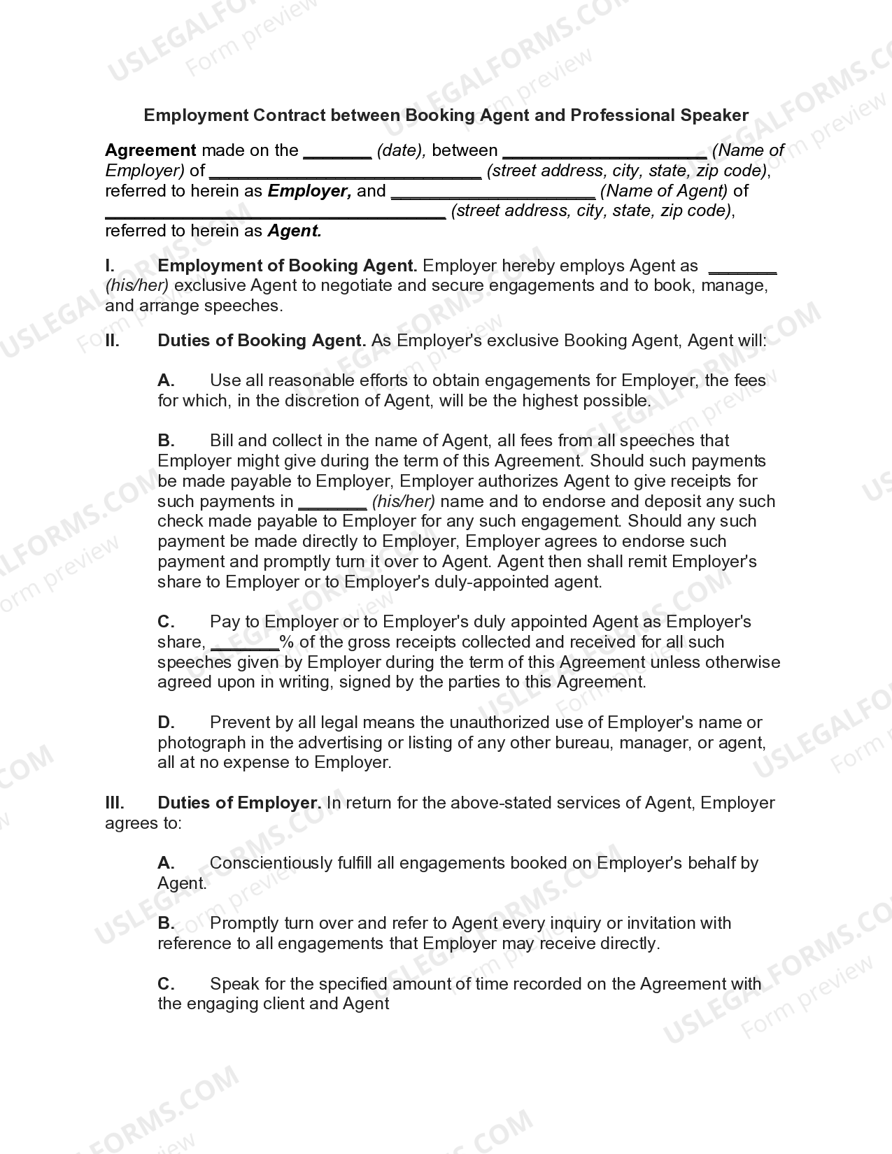 Employment Contract between Booking Agent and Professional Speaker | US ...