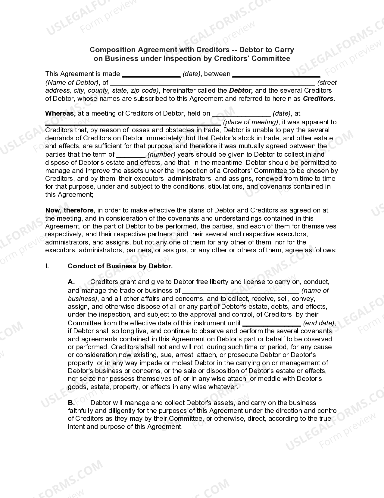 Composition Agreement with Creditors -- Debtor to Carry on Business under Inspection by ...