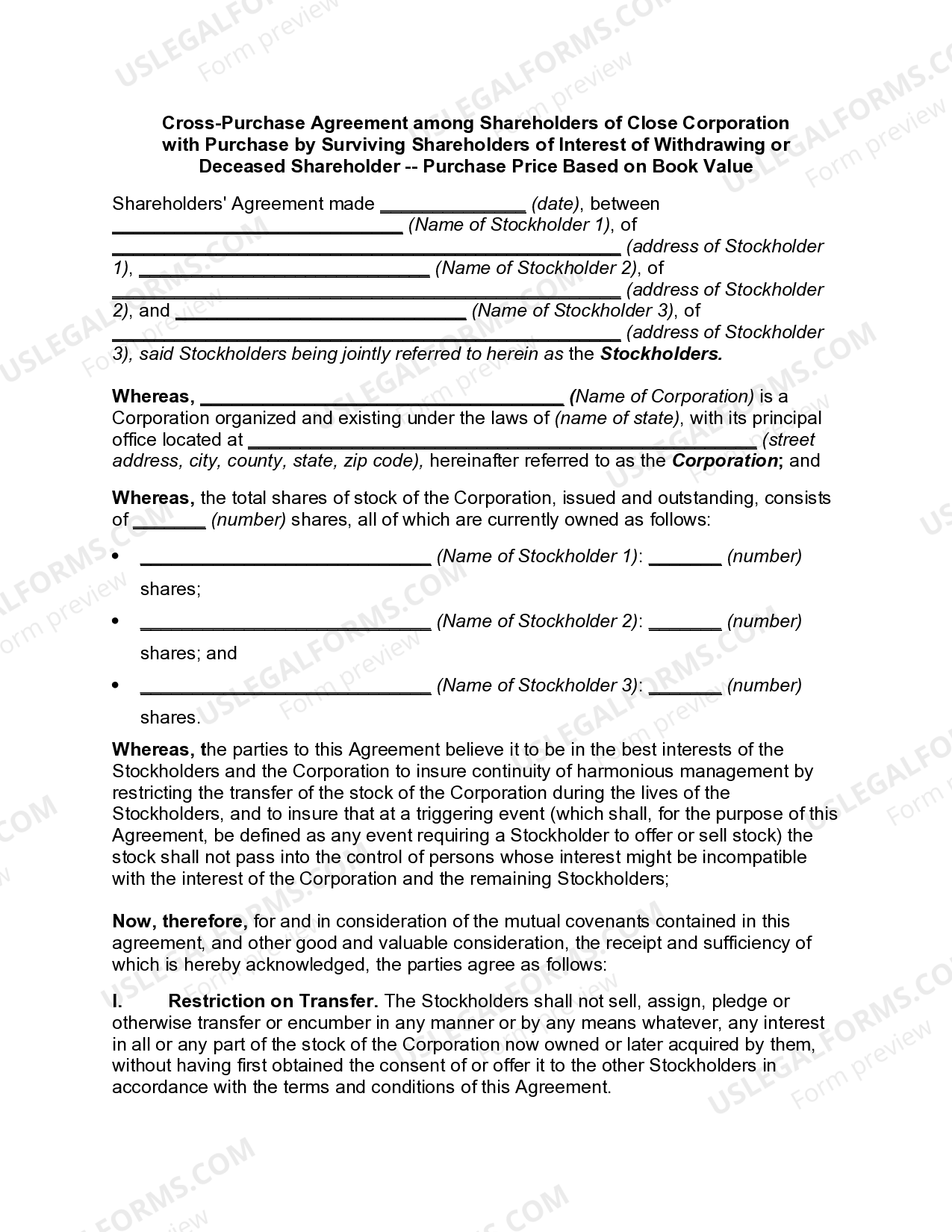 Cross-Purchase Agreement among Shareholders of Close Corporation with ...