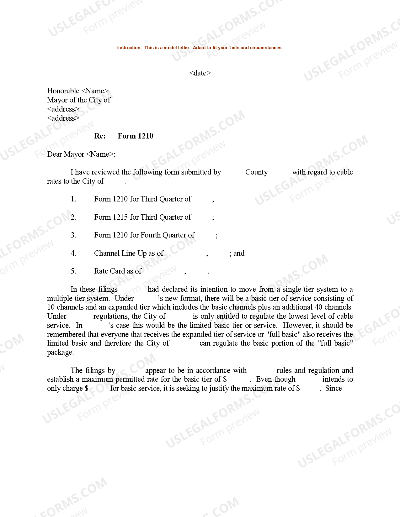 Sample Letter for Review of Form 1210 - Rate Service Charge | US Legal ...