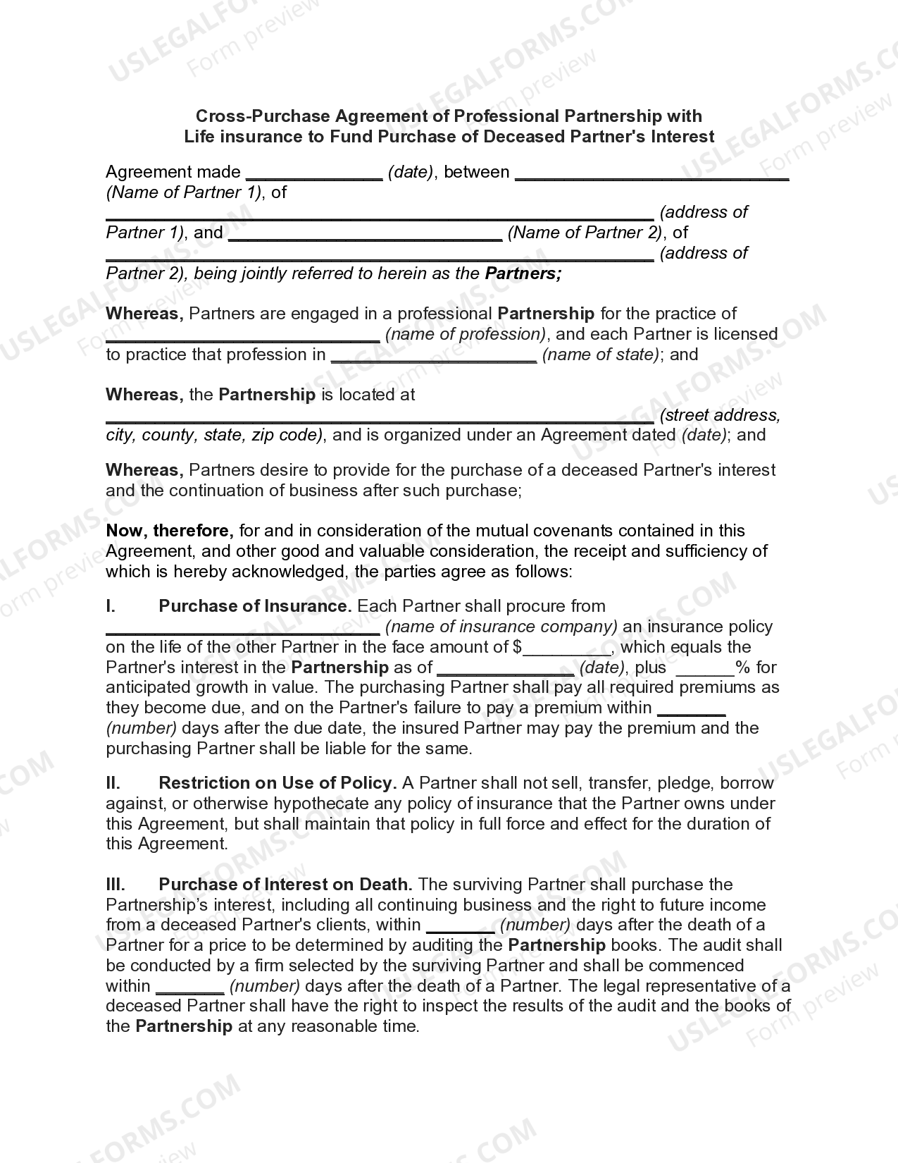 Cross-Purchase Agreement of Professional Partnership with Life ...