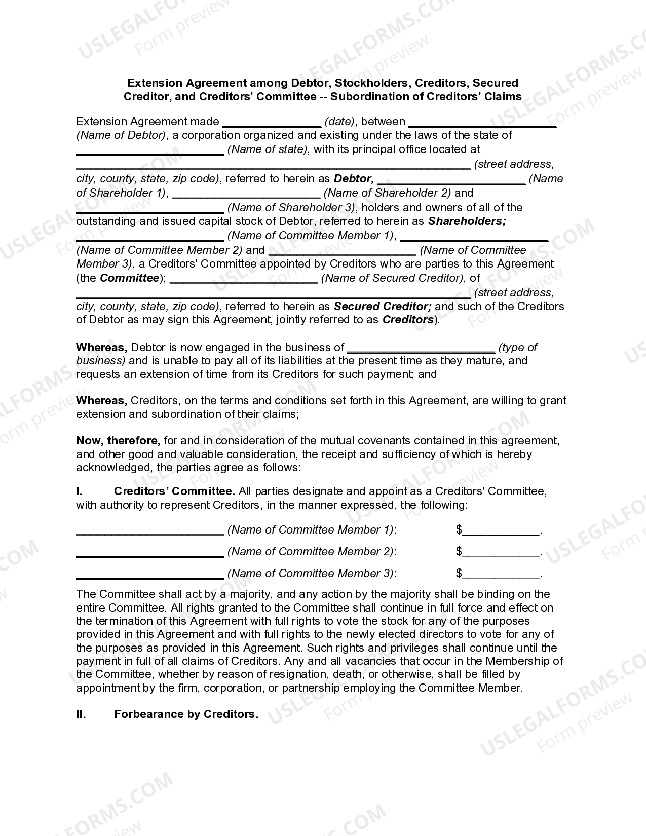 Extension Agreement among Debtor, Stockholders, Creditors, Secured Creditor, and Creditors ...