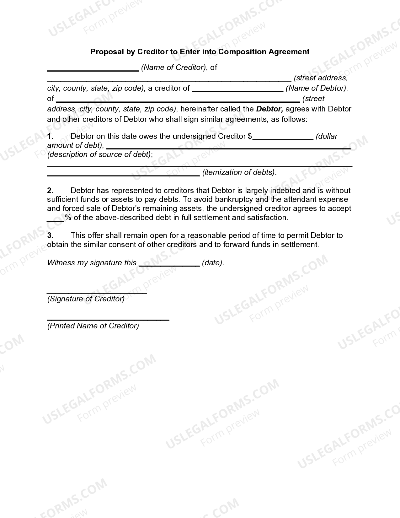 Proposal by Creditor to Enter into Composition Agreement | US Legal Forms