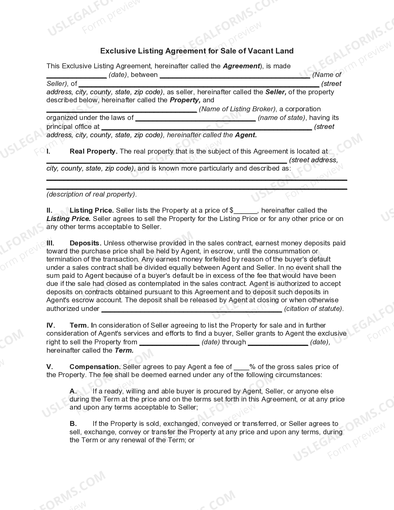 Exclusive Listing Agreement for Sale of Vacant Land - Listing Agreement ...