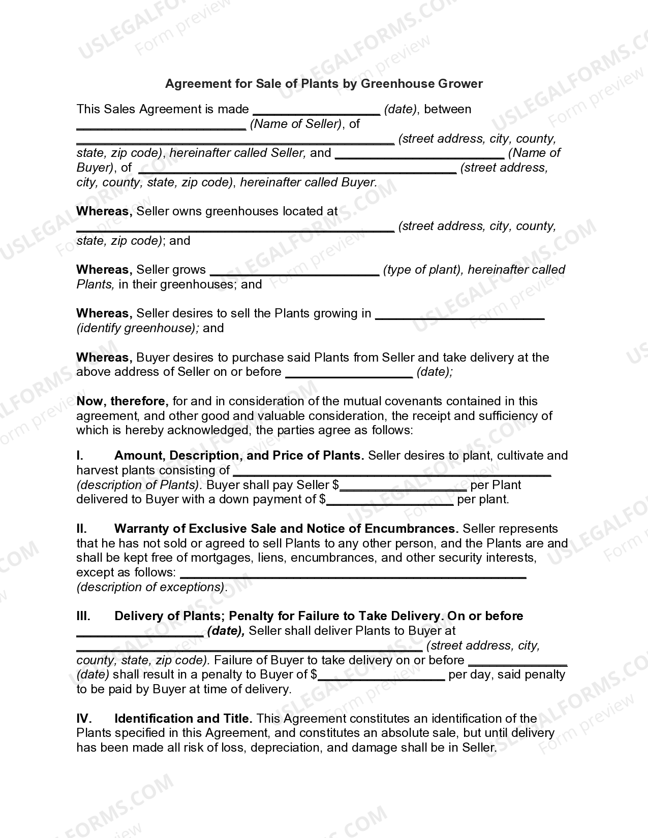 Agreement for Sale of Plants by Greenhouse Grower | US Legal Forms