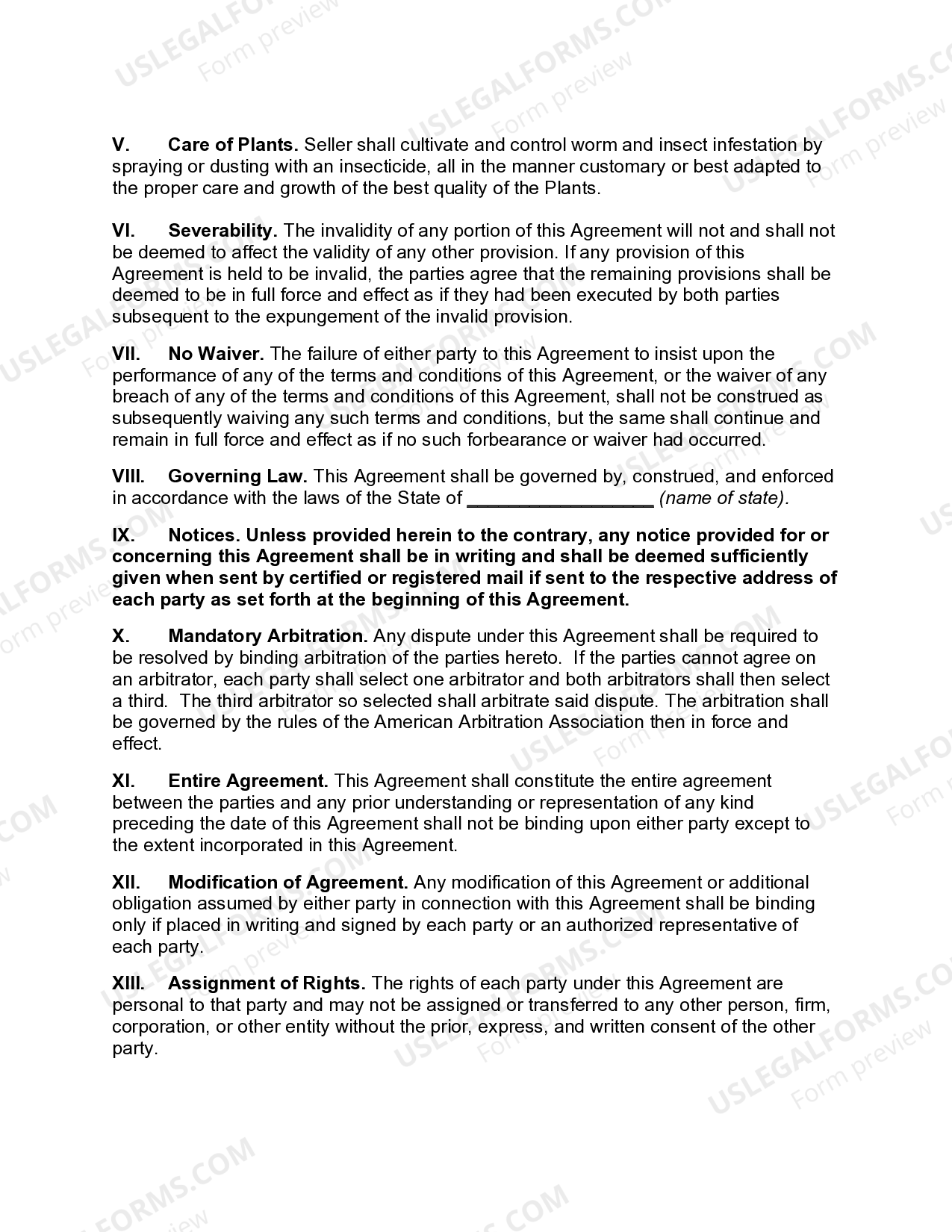 Agreement for Sale of Plants by Greenhouse Grower | US Legal Forms