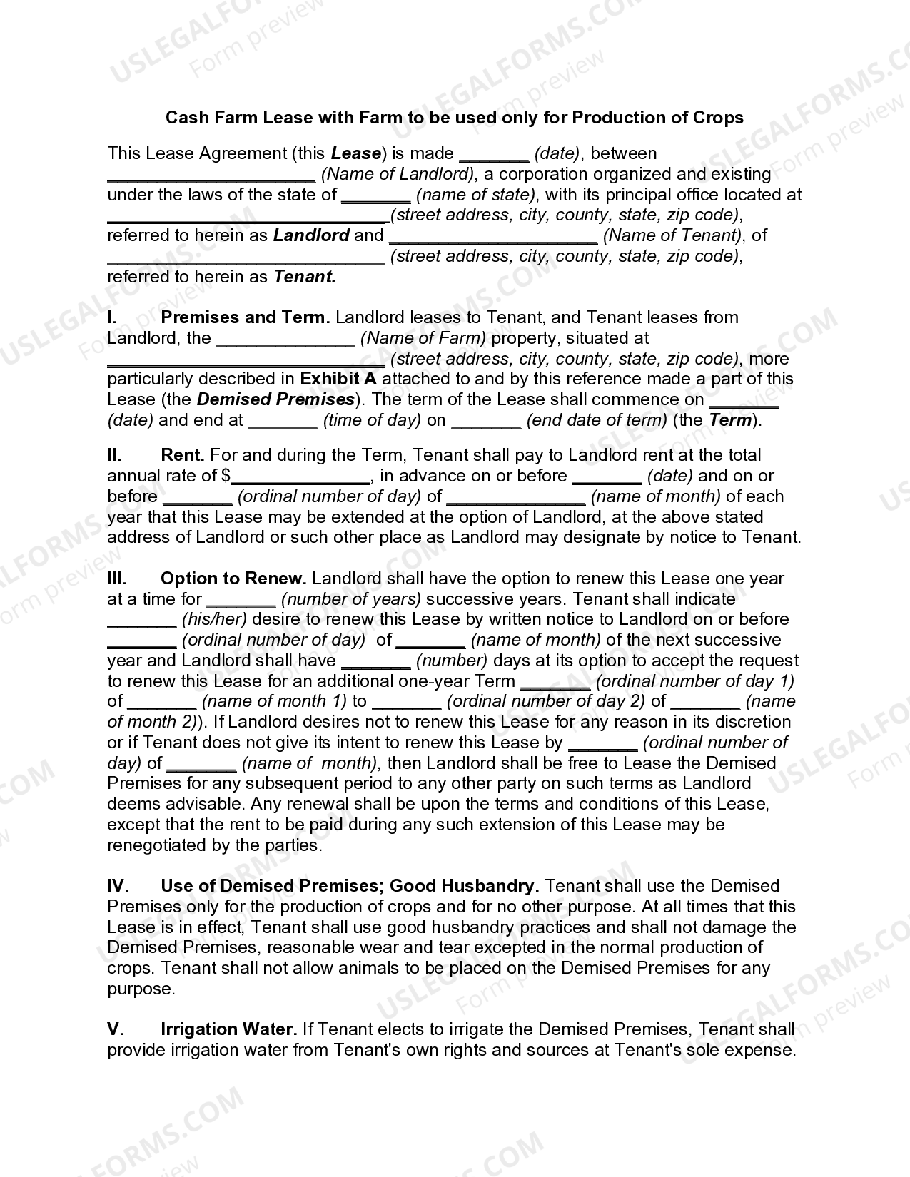 Cash Farm Lease with Farm to be used only for Production of Crops | US ...