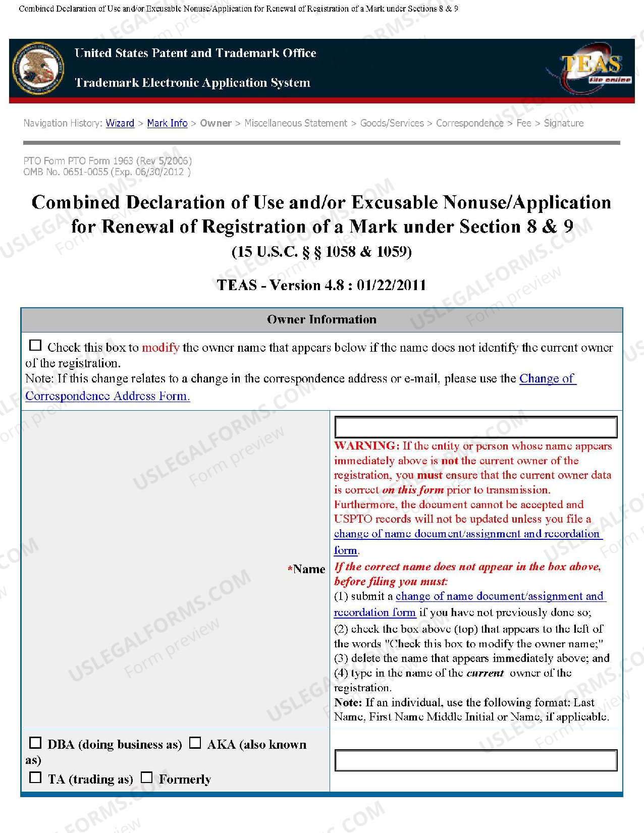 Combined Declaration of Use or Excusable Nonuse and Application for ...