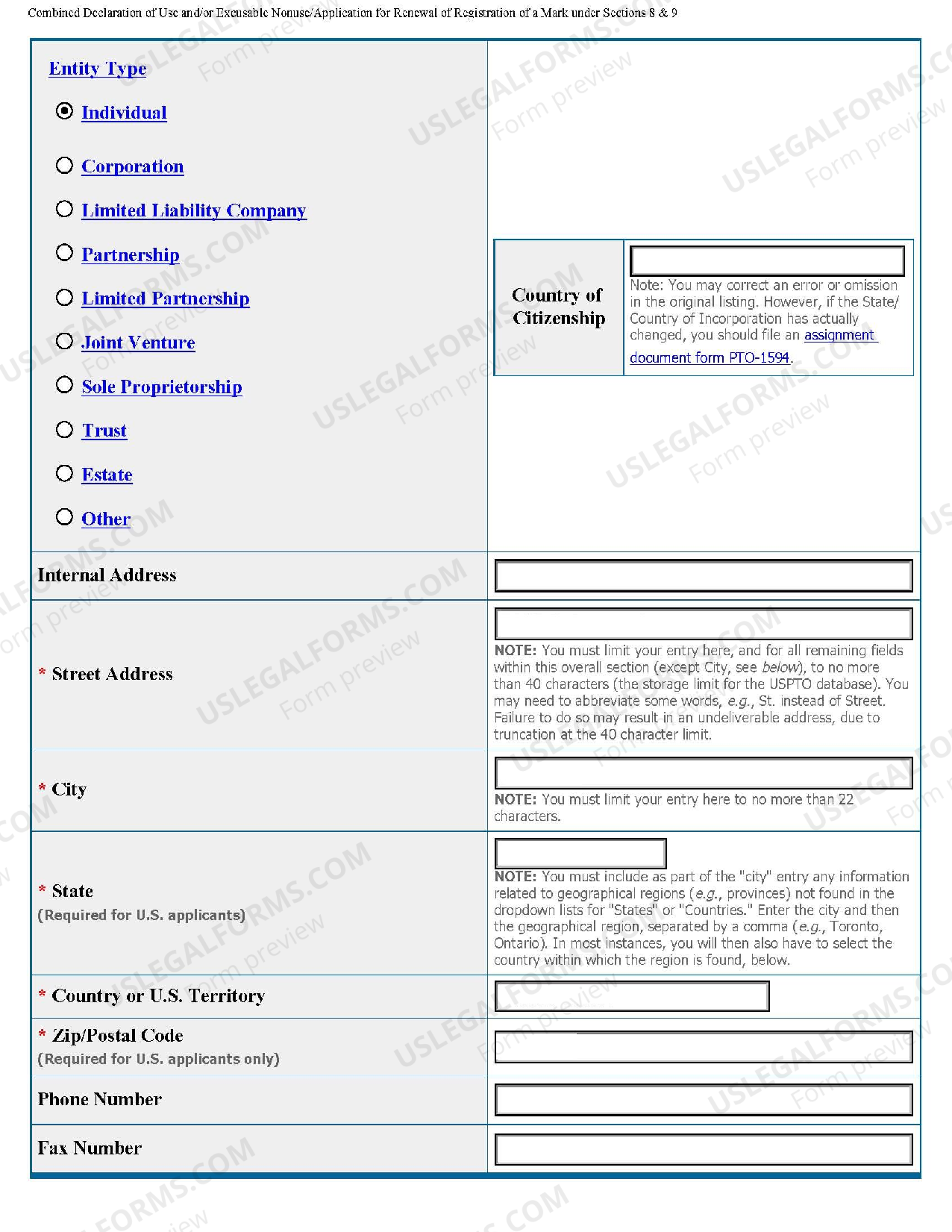 Combined Declaration of Use or Excusable Nonuse and Application for ...