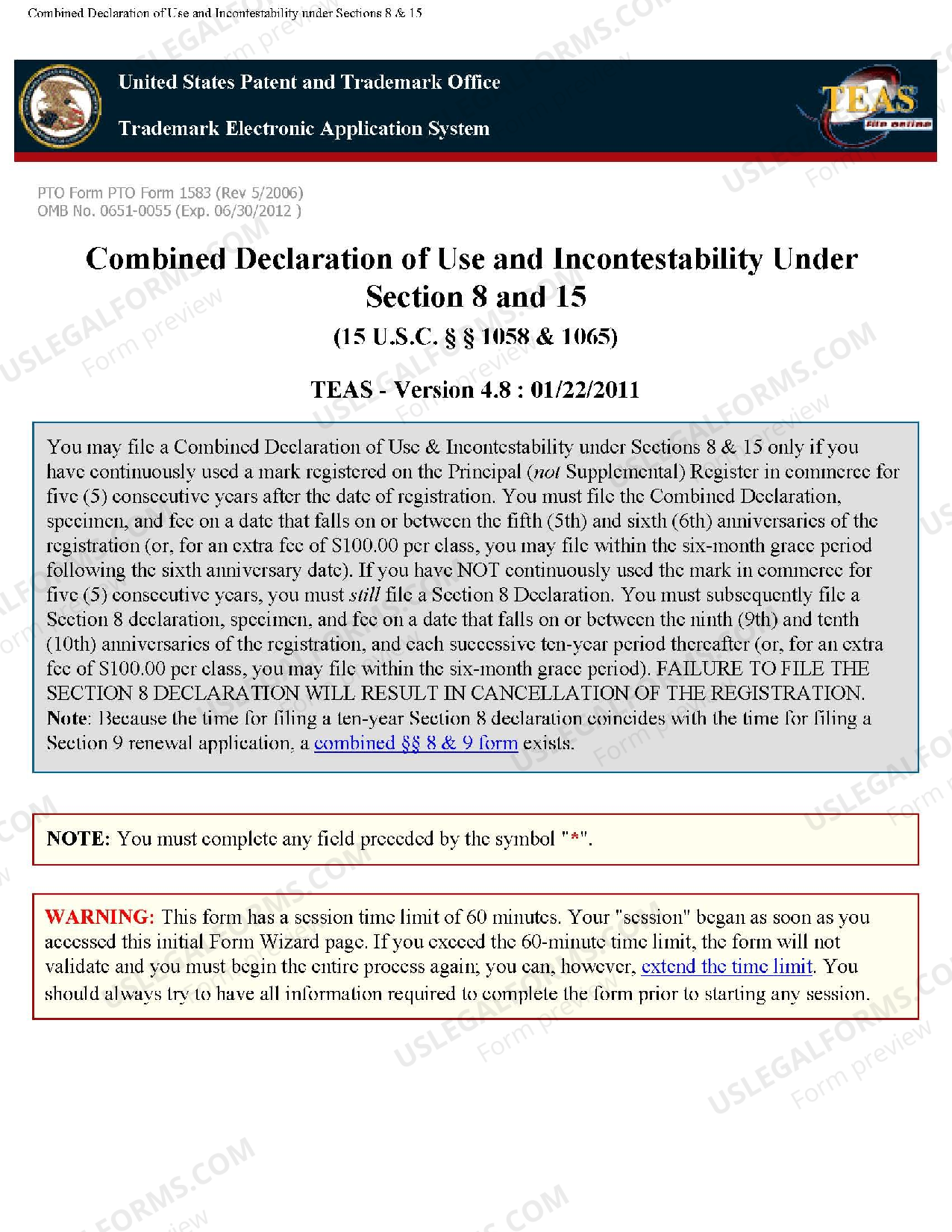 Combined Declaration of Use and Incontestability of Trademark | US ...