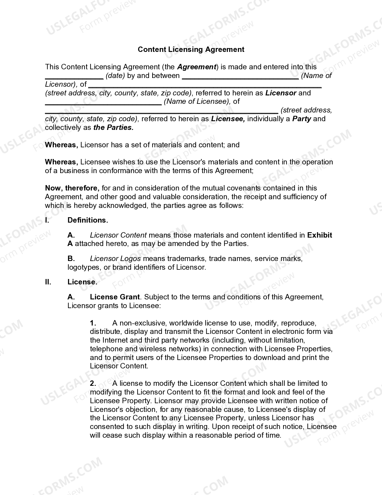 Content Licensing Agreement | US Legal Forms