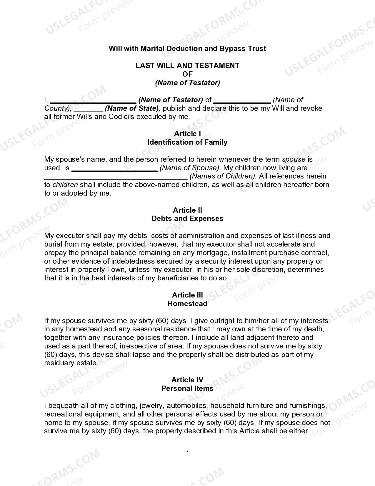Will with Marital Deduction and Bypass Trust | US Legal Forms