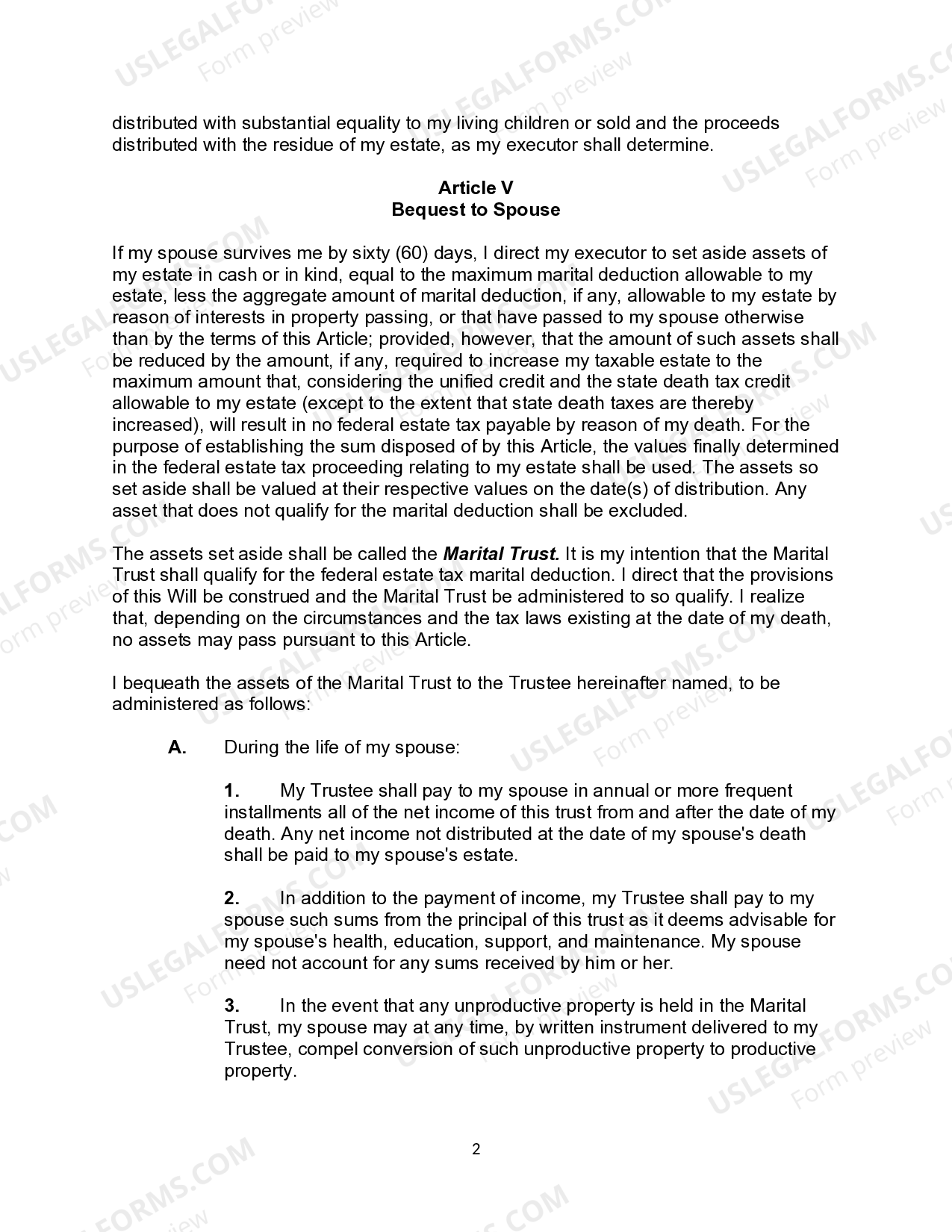 Will with Marital Deduction and Bypass Trust | US Legal Forms