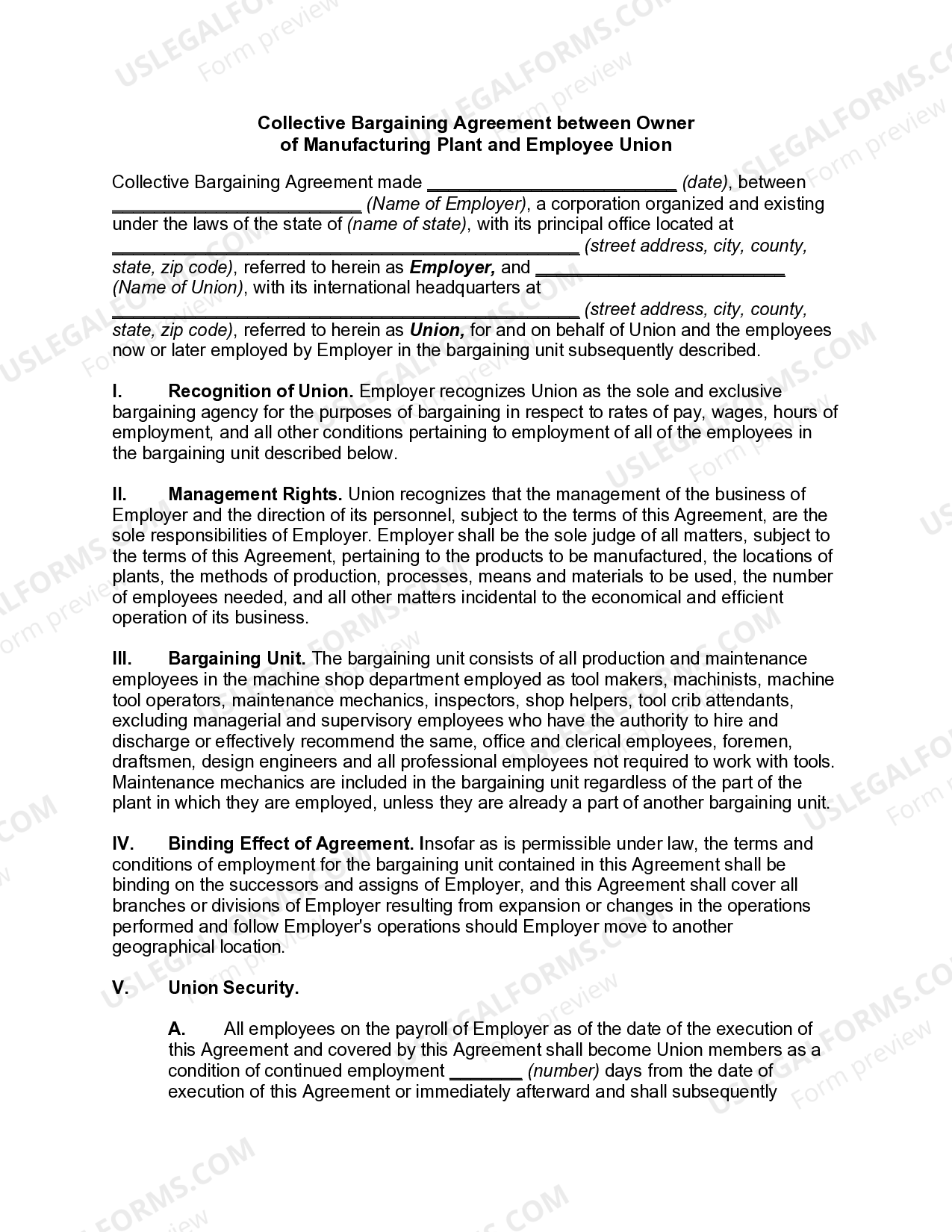 Collective Bargaining Agreement between Owner of Manufacturing Plant ...