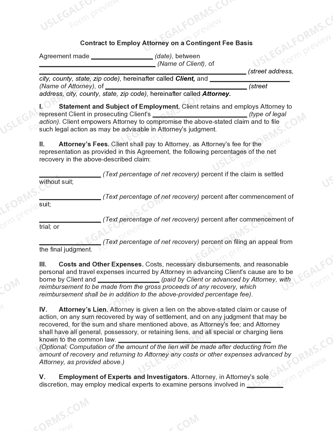 Contract to Employ Attorney on a Contingent Fee Basis - Contingent Fee ...