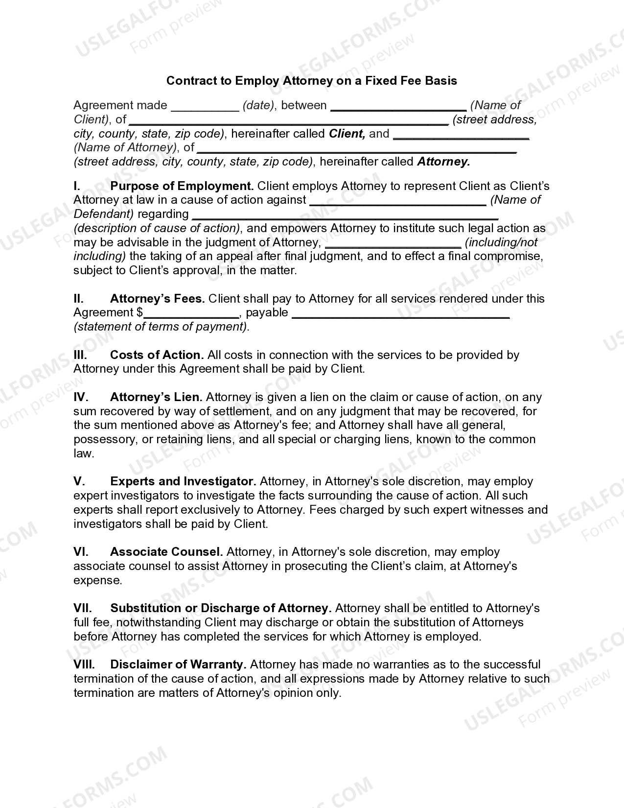 Contract to Employ Attorney on a Fixed Fee Basis | US Legal Forms