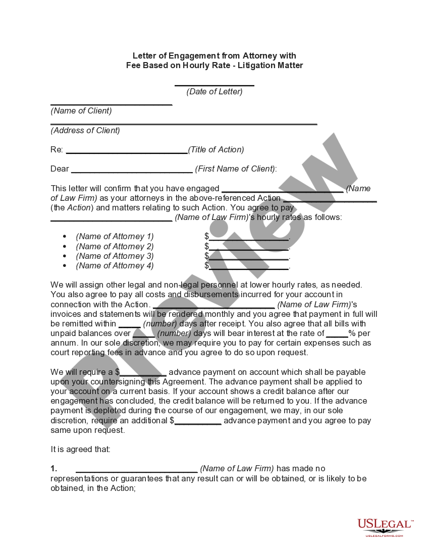 Queens New York Letter Of Engagement From Attorney With Fee Based On Hourly Rate Attorney Fee 