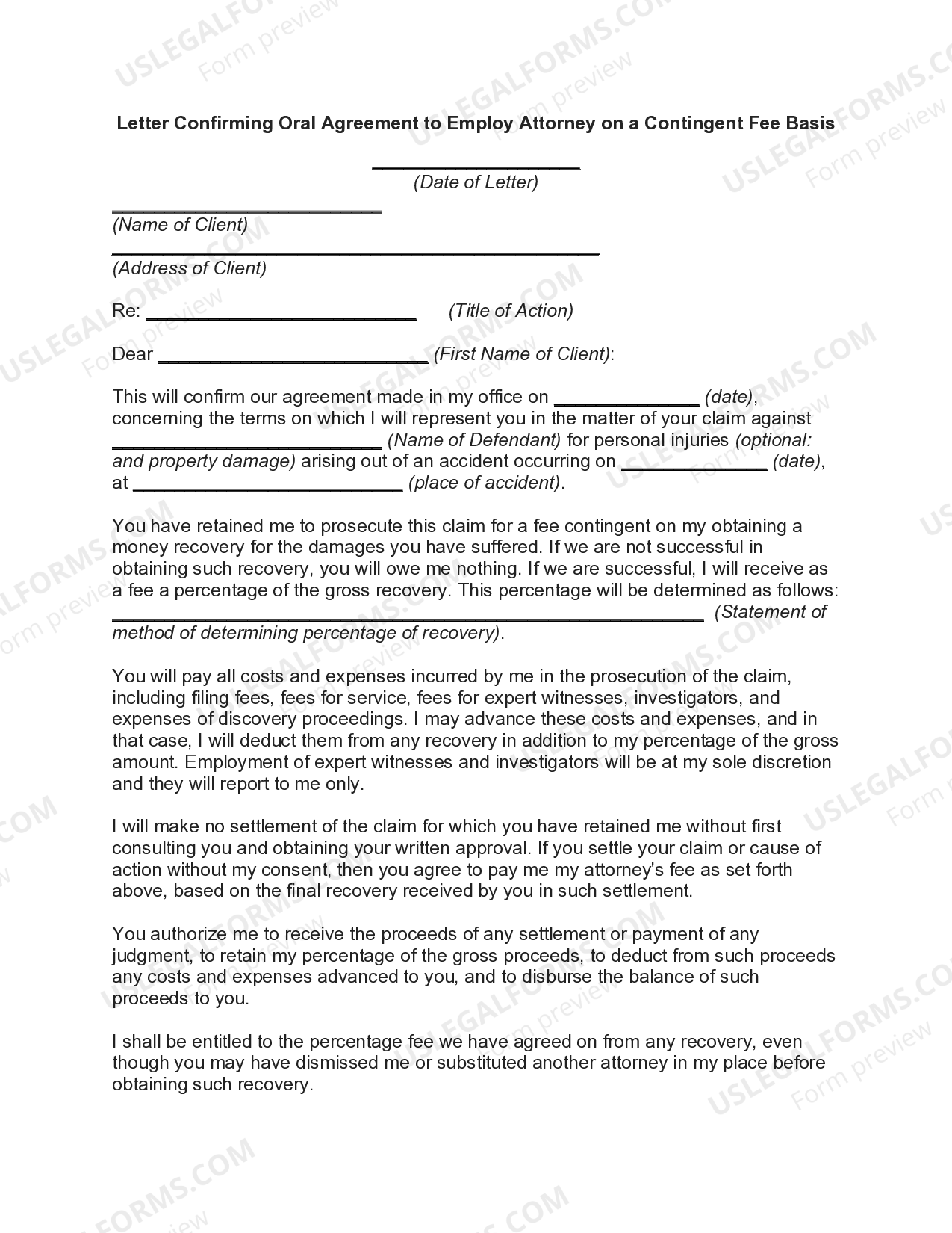 Letter Confirming Oral Agreement to Employ Attorney on a Contingent Fee ...