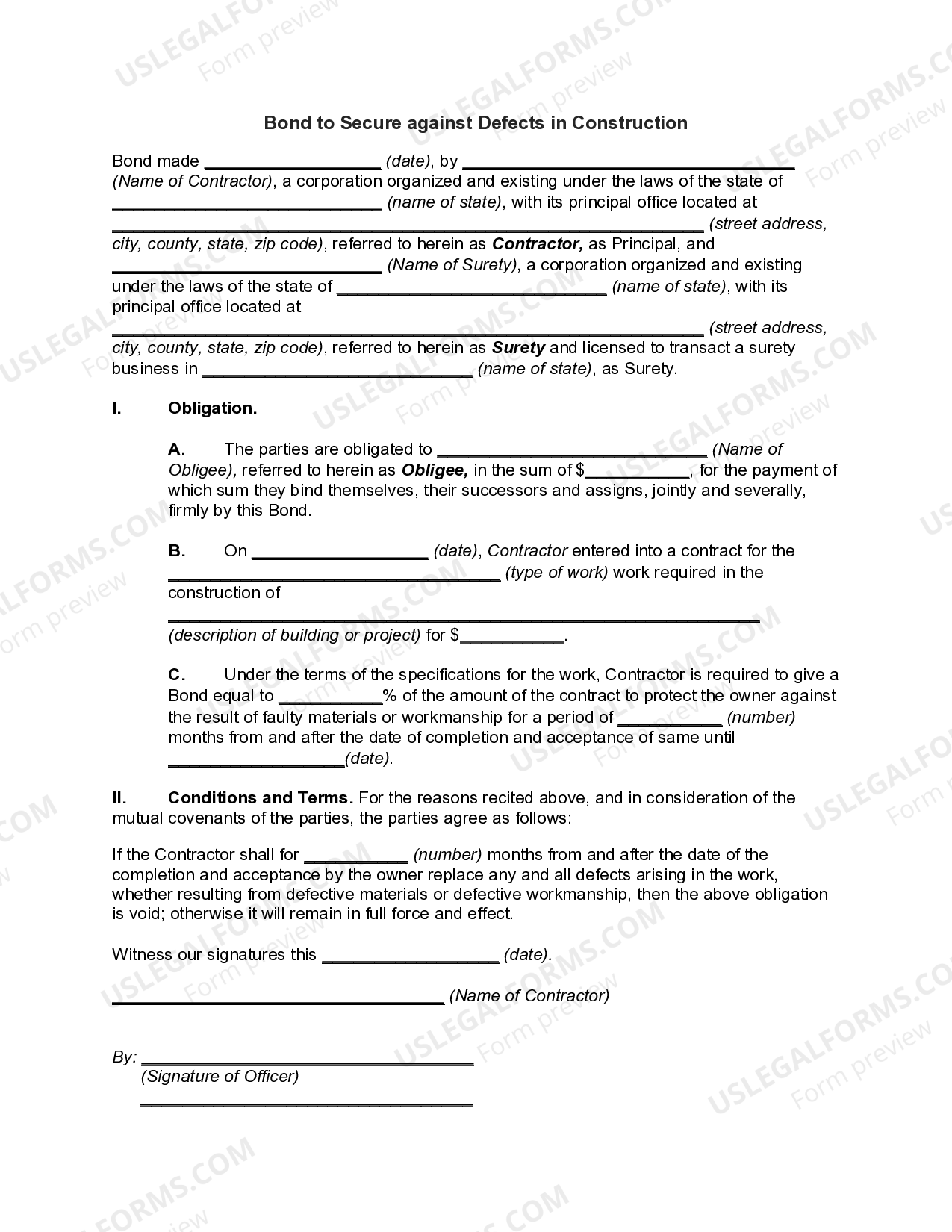 Bond to Secure against Defects in Construction | US Legal Forms