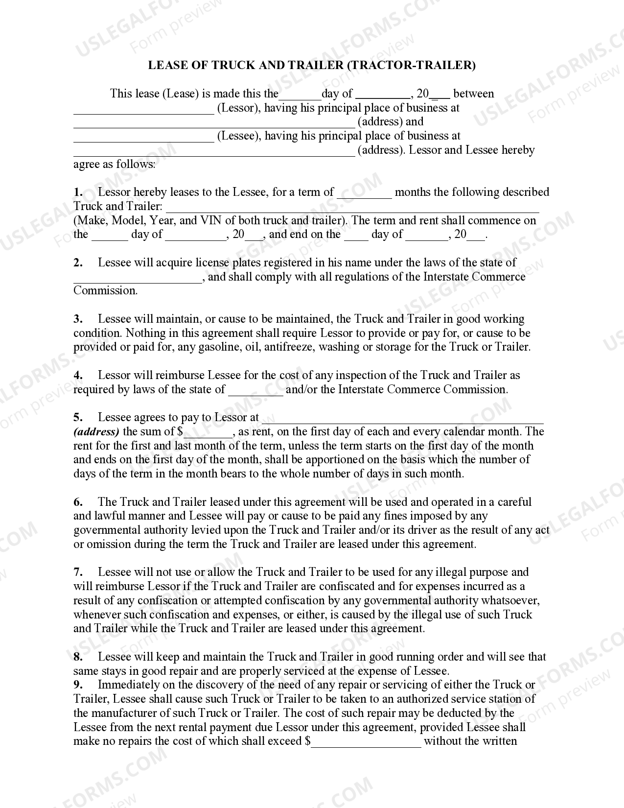 Lease of Truck and Trailer or Tractor-Trailer | US Legal Forms