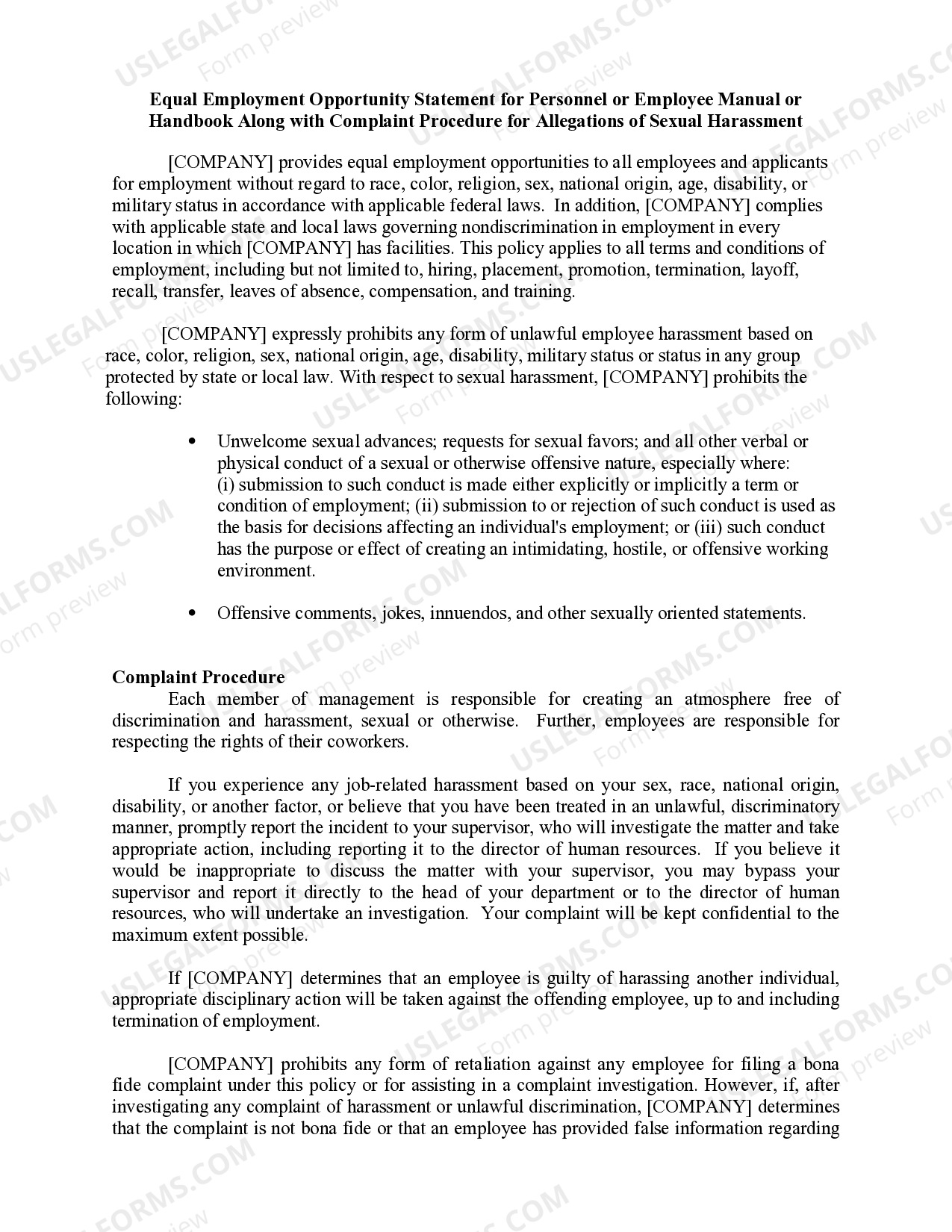 Equal Employment Opportunity Statement for Personnel or Employee Manual ...