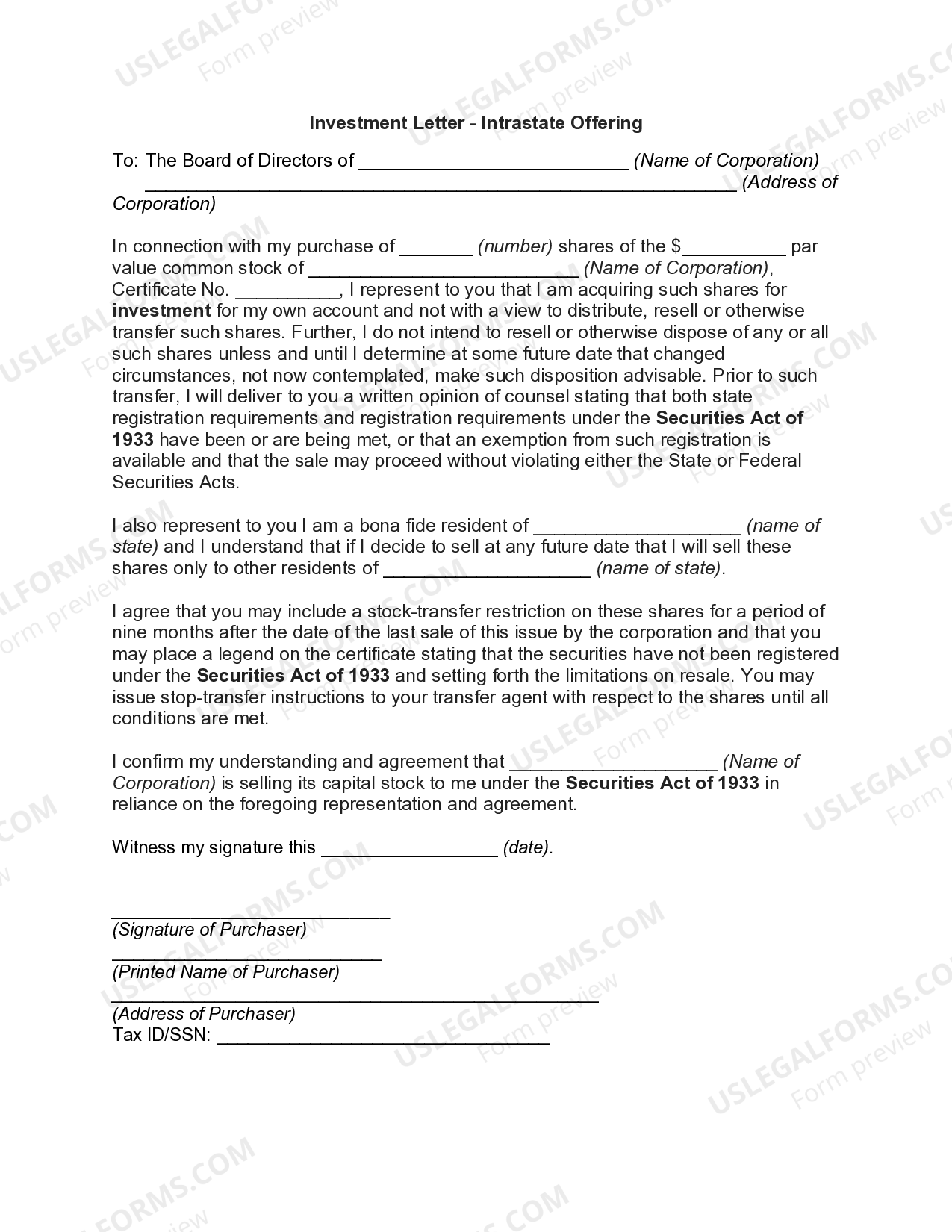 Nebraska Investment Letter - Intrastate Offering | US Legal Forms