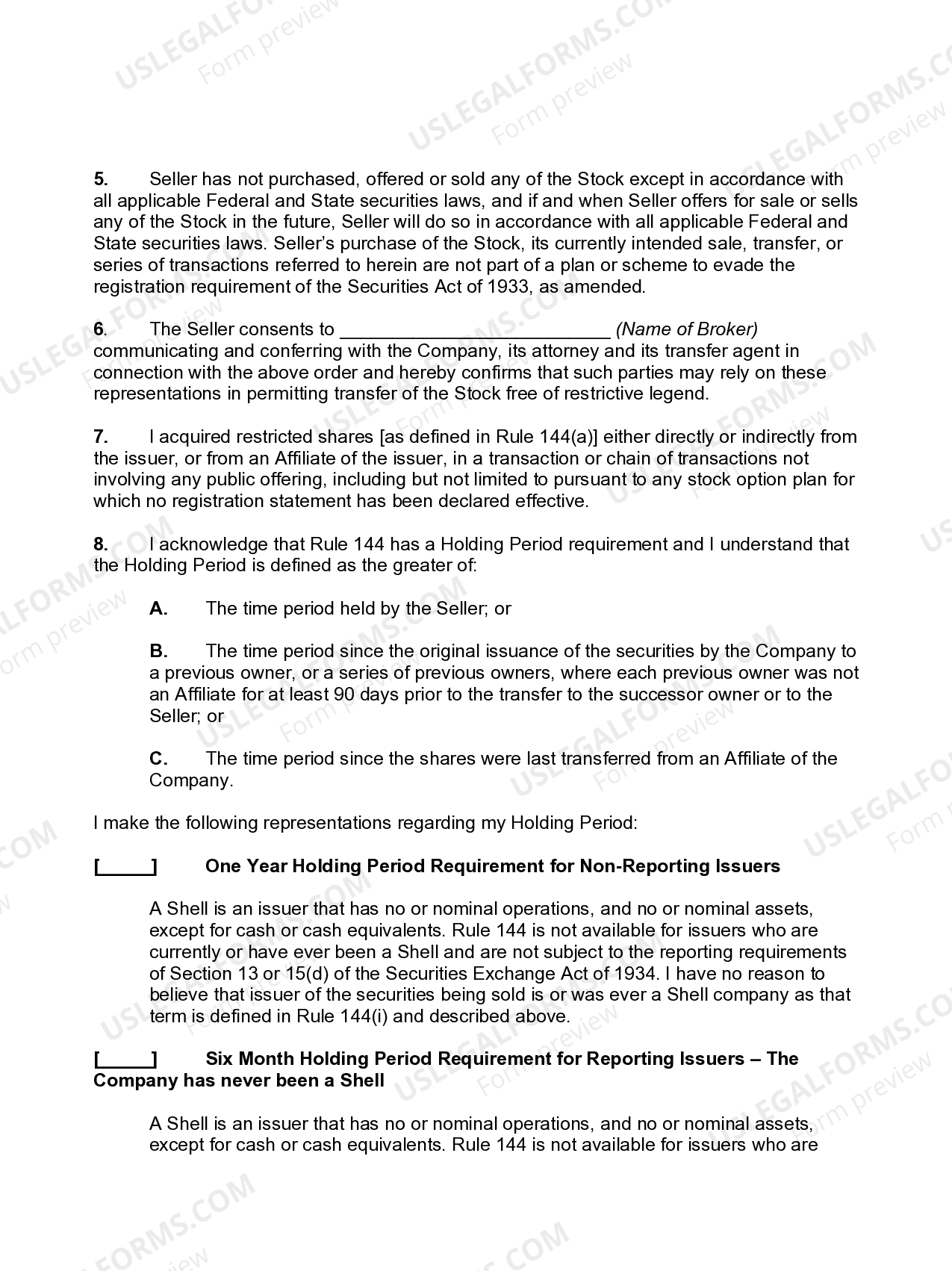 New Jersey Rule 144 Seller's Representation Letter Non-Affiliate - Rule ...