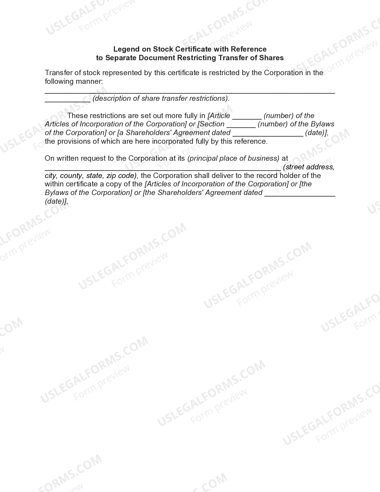 Legend on Stock Certificate with Reference to Separate Document ...