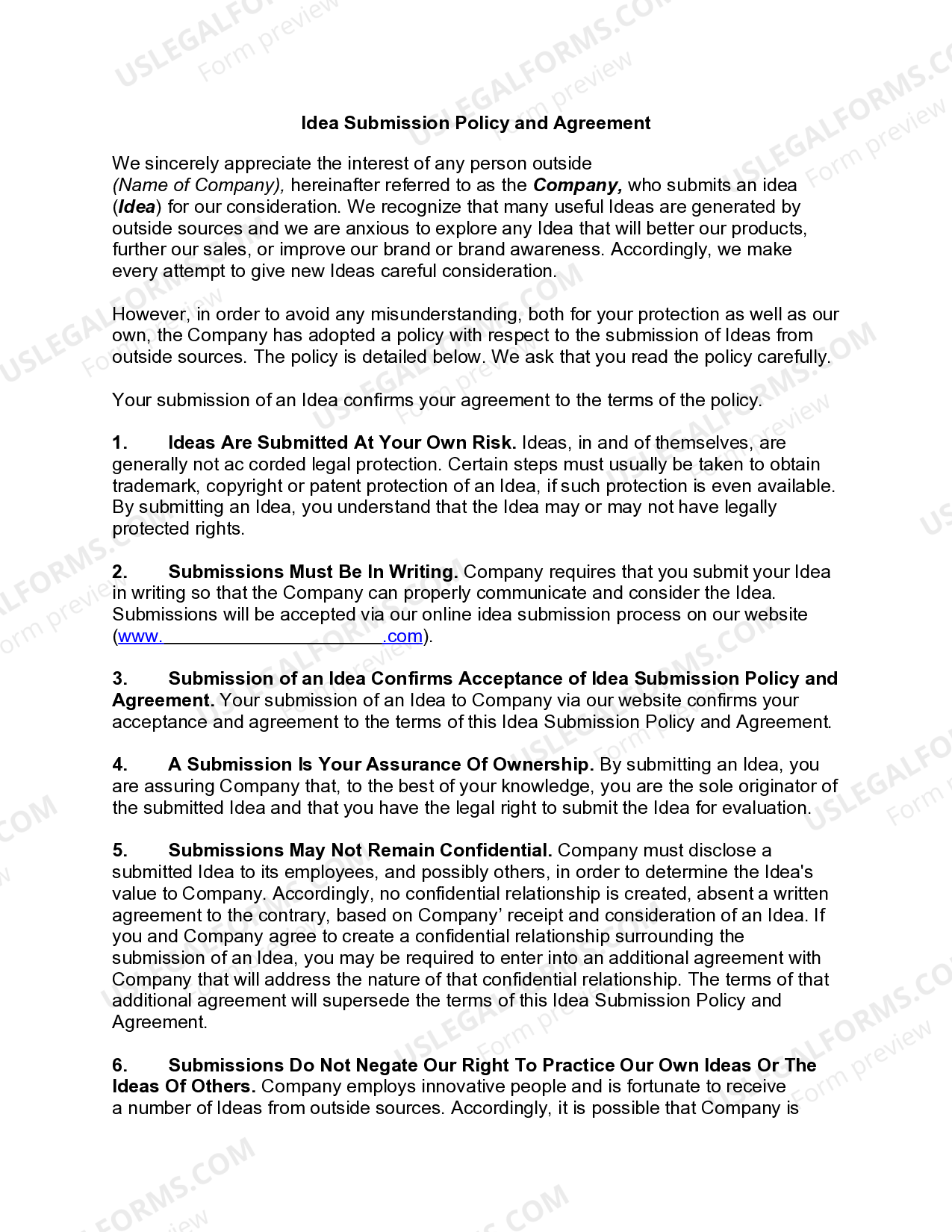 Idea Submission Policy and Agreement | US Legal Forms