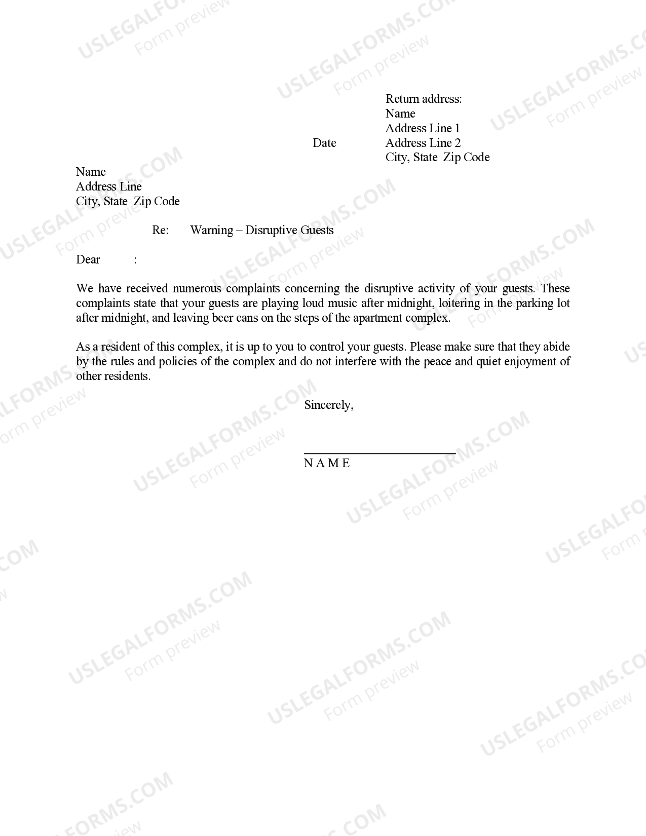 Letter - Warning To Renter Regarding Disruptive Guests - Renter ...