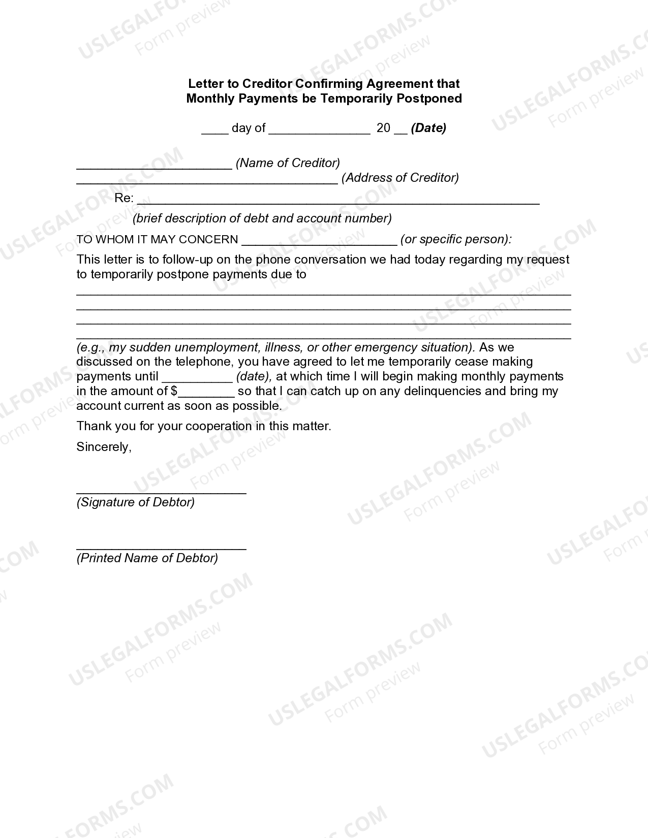 Montana Letter to Creditor Confirming Agreement that Monthly Payments ...