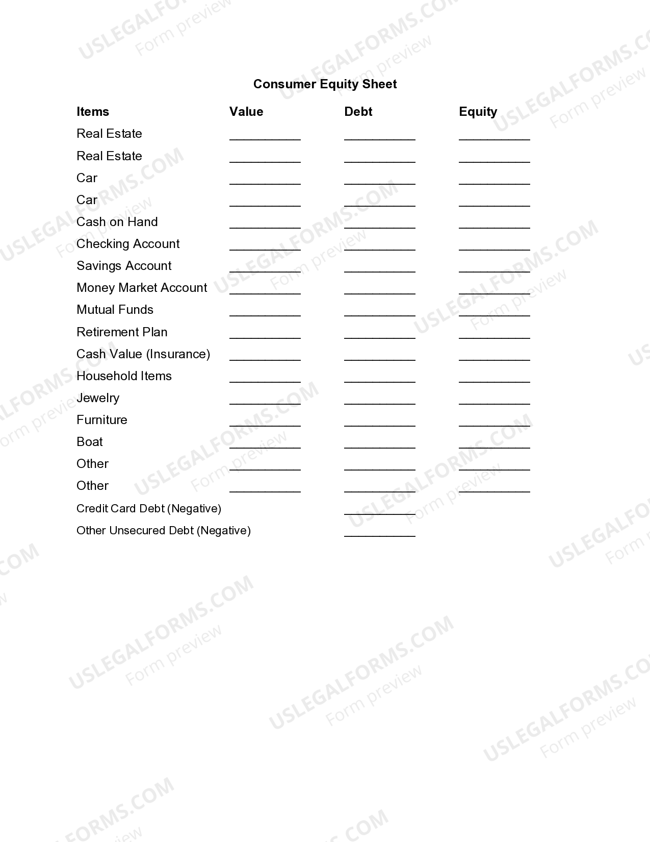 Consumer Equity Sheet | US Legal Forms