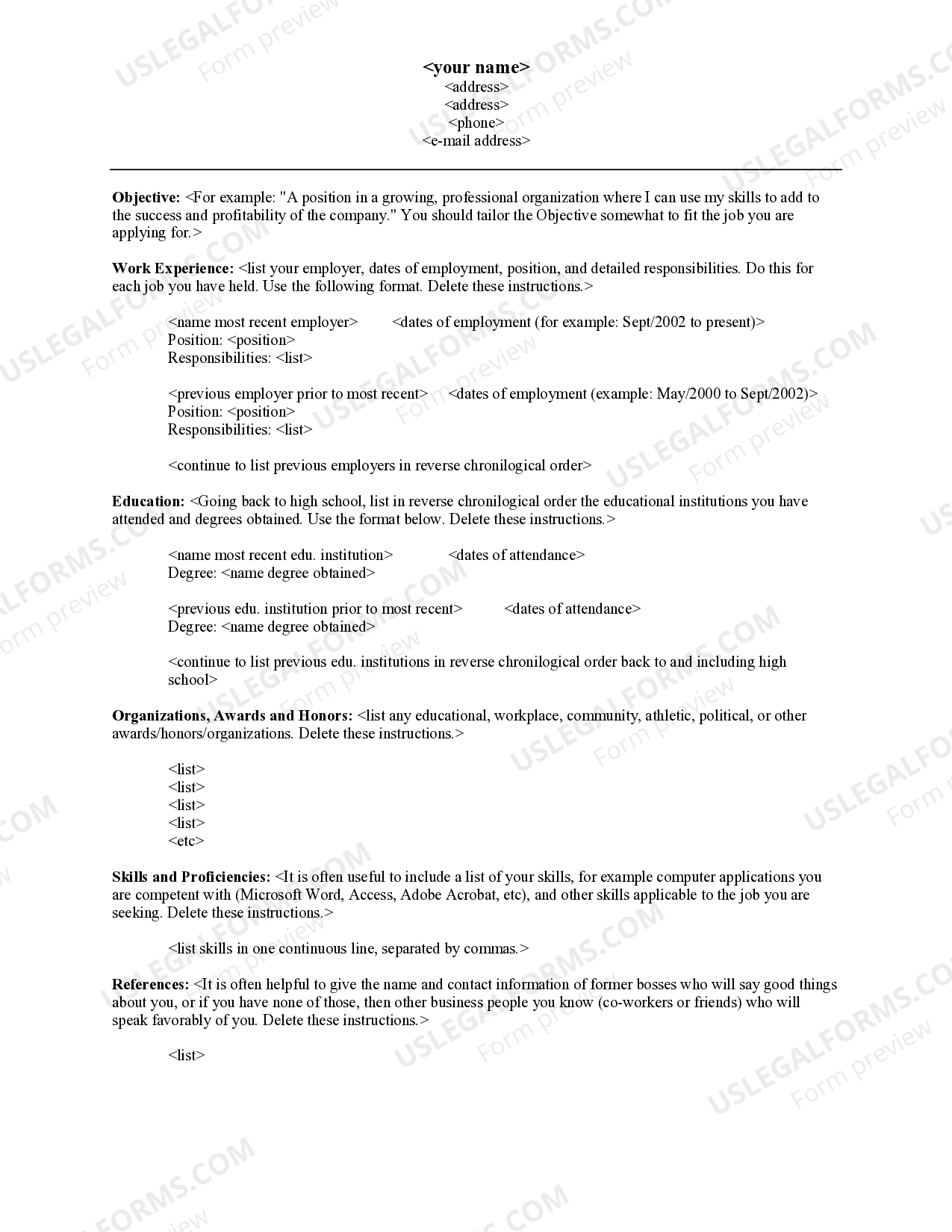 Sample Resume Form - Cv Format | US Legal Forms